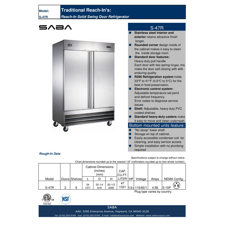 SABA 54"W 47 Cu. Ft. Commercial Refrigerator In Stainless Steel ...