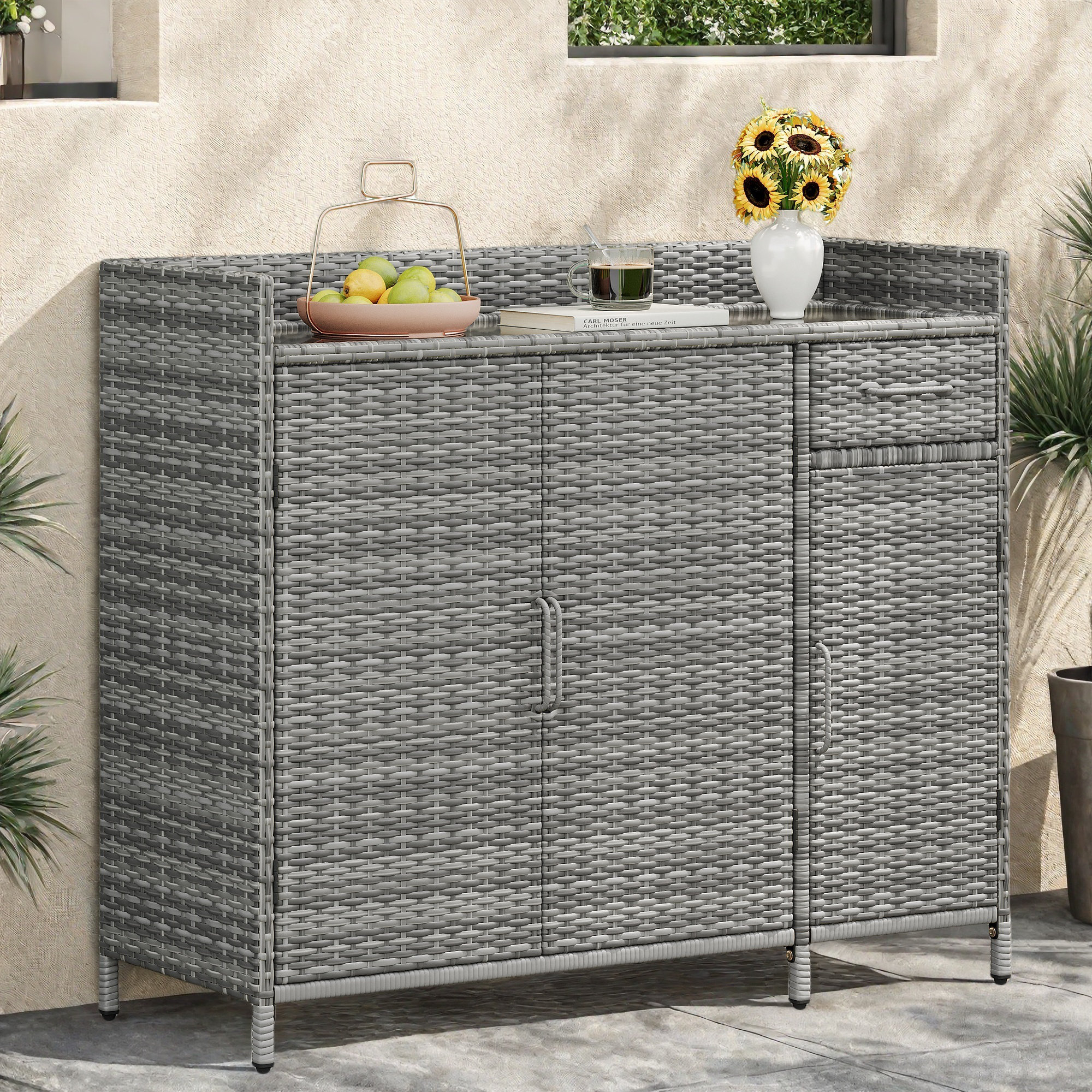 Latitude Run® Outdoor Rattan Storage Cabinet, 2-Door Wicker Sideboard ...