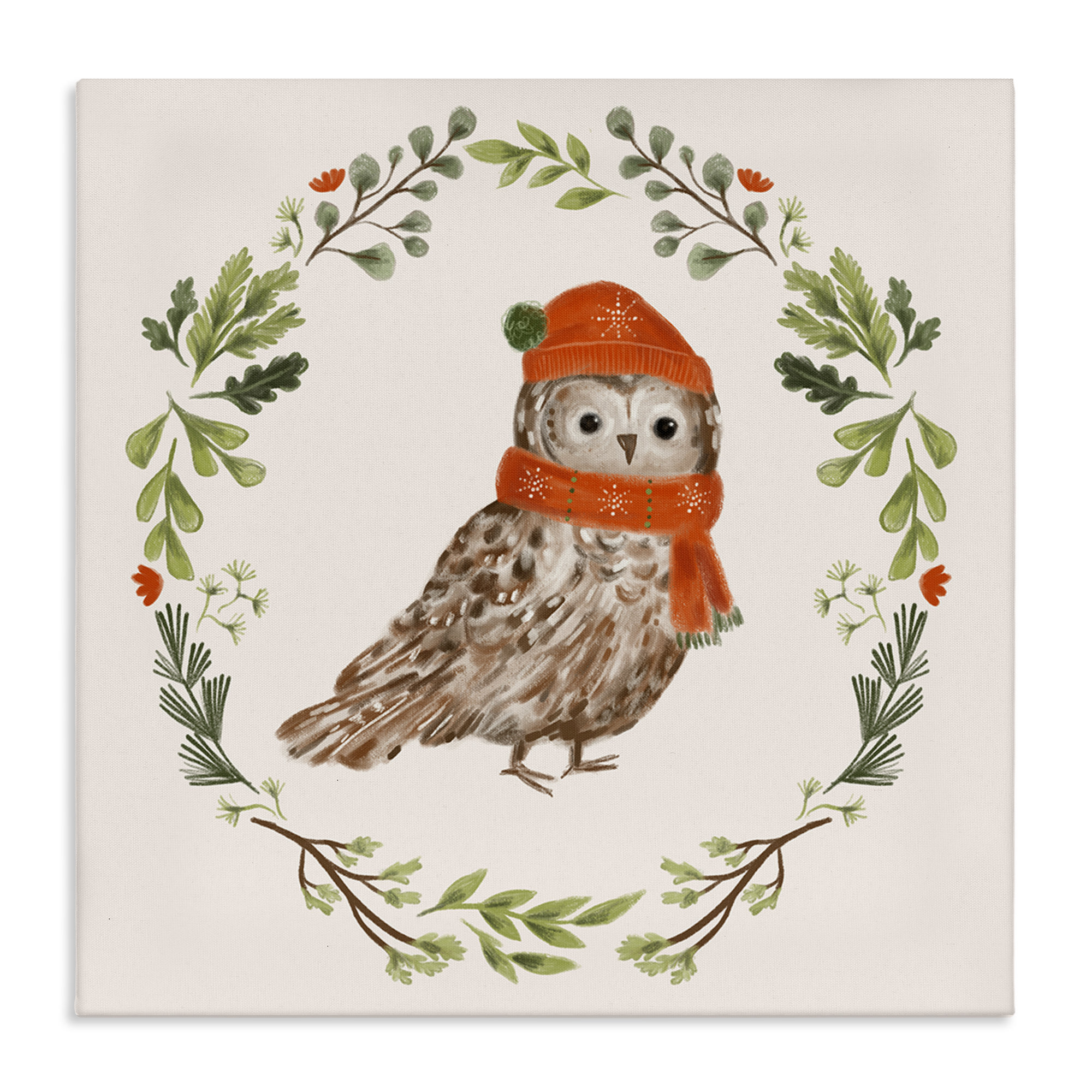 August Grove® Holiday Owl Wreaf Canvas Wall Art by Laura Konyndyk | Wayfair