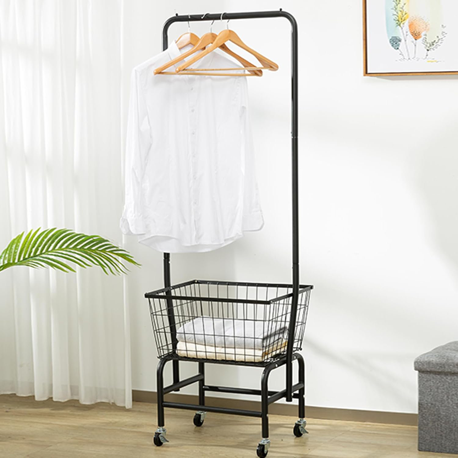 Artmeer Laundry Cart with Clothes Rack, Rolling Laundry Butler with ...
