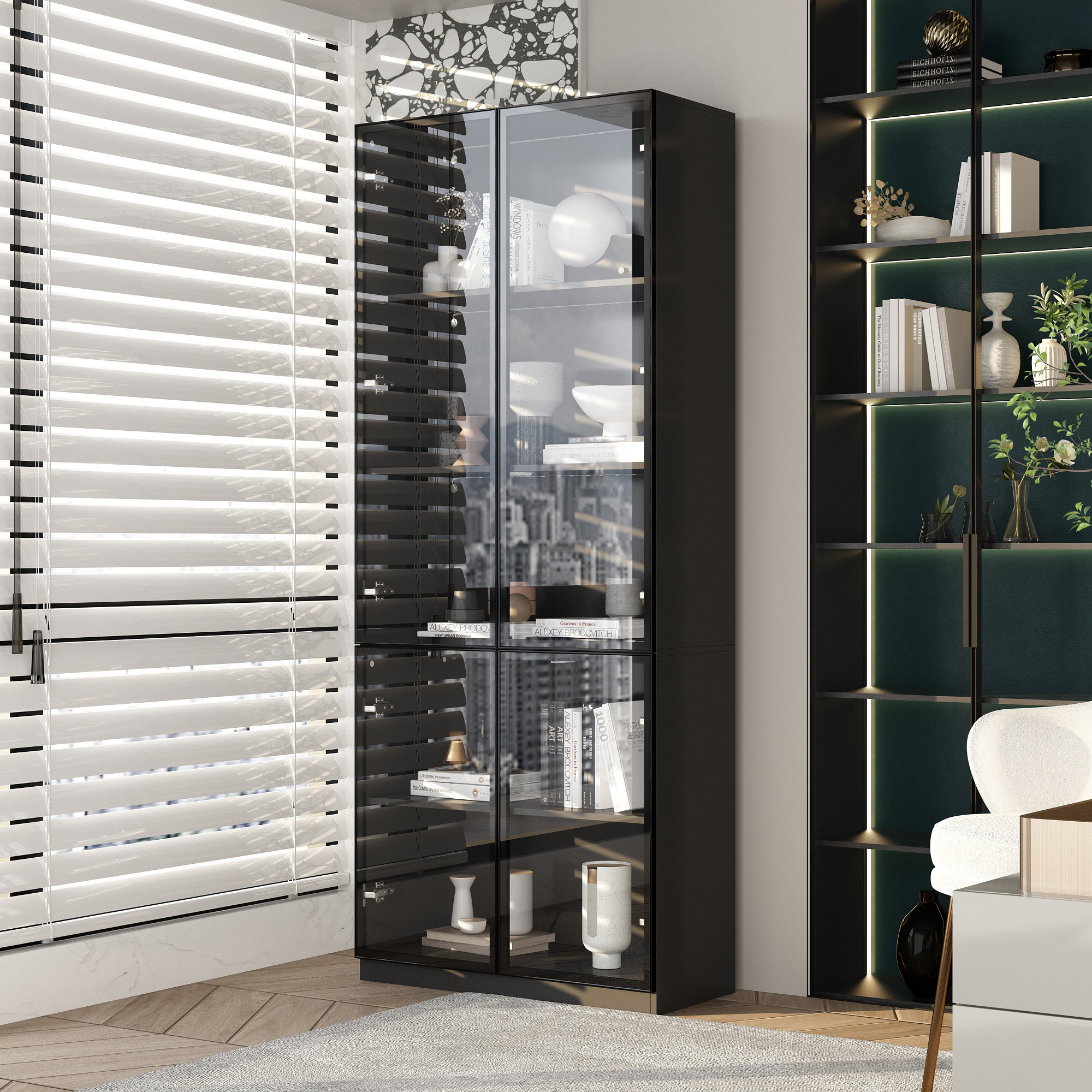 Ivy Bronx Modern Glass Door Bookshelf With Tri-Colour LED Lighting And ...