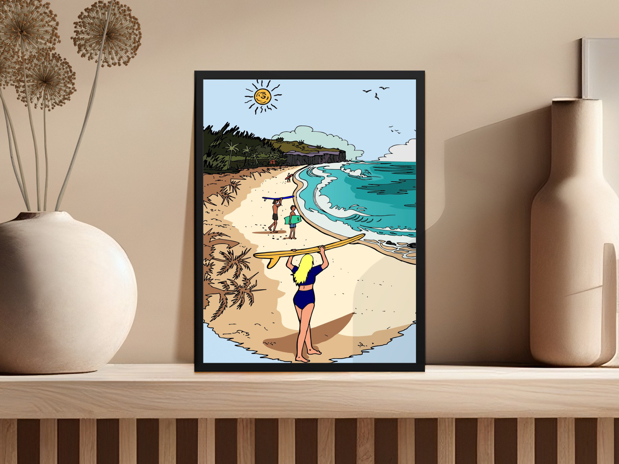Lark Manor Beach Day Surfing Adventure Wall Art Illustration Framed ...