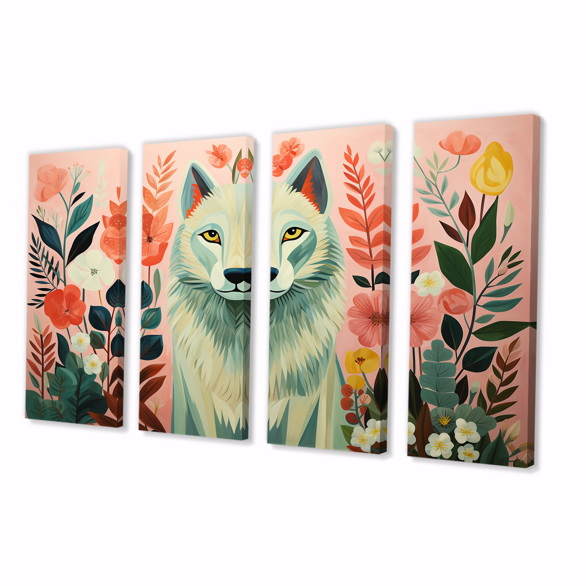 Dakota Fields Pink And Green Boho Wolf Portrait V - Wolf 4 Piece Wall ...