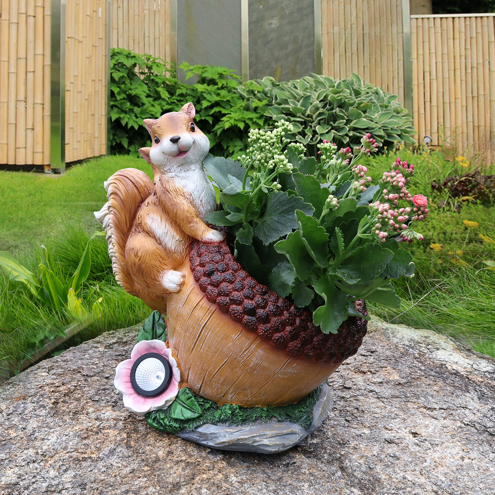 Millwood Pines Solar Garden Planter Squirrel Decor - Outdoor Statue ...