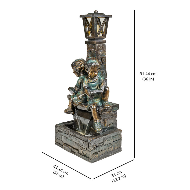 Hi-Line Gift Ltd. Bronze Finish Kids Reading with Lamp Fountain with 2 ...