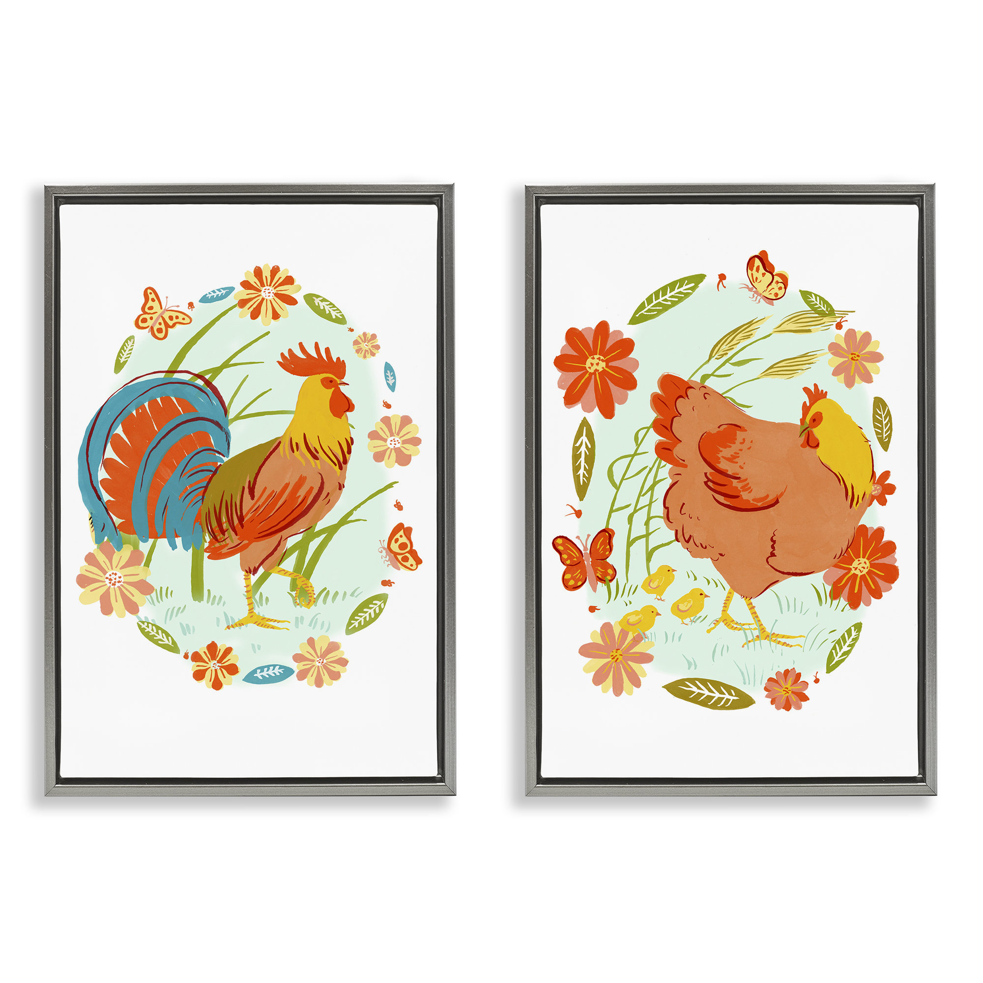 Ophelia & Co. Rooster & Hen with Florals 2pc Floating Frame Set, design ...