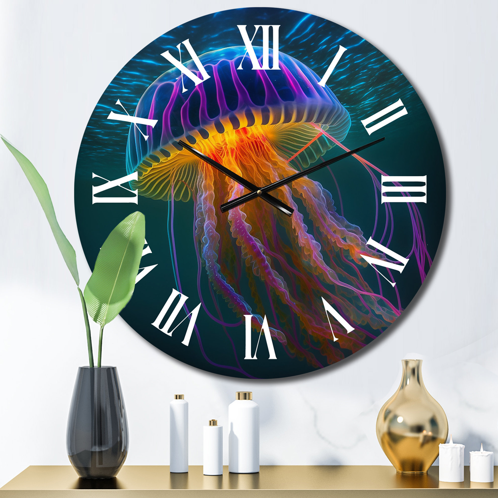 Design Art Radiant Colorful Deep Sea Jellyfish II Metal Wall Clock ...