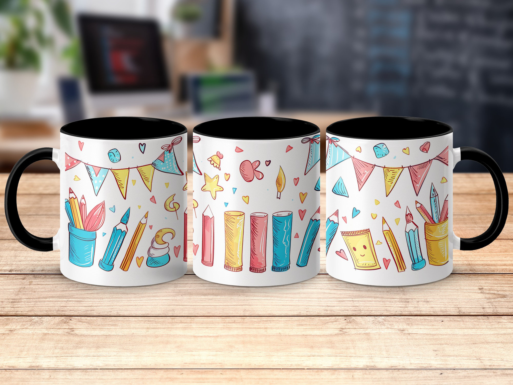 East Urban Home Kids Drawing Style 11oz Accent Mugs – White Ceramic ...