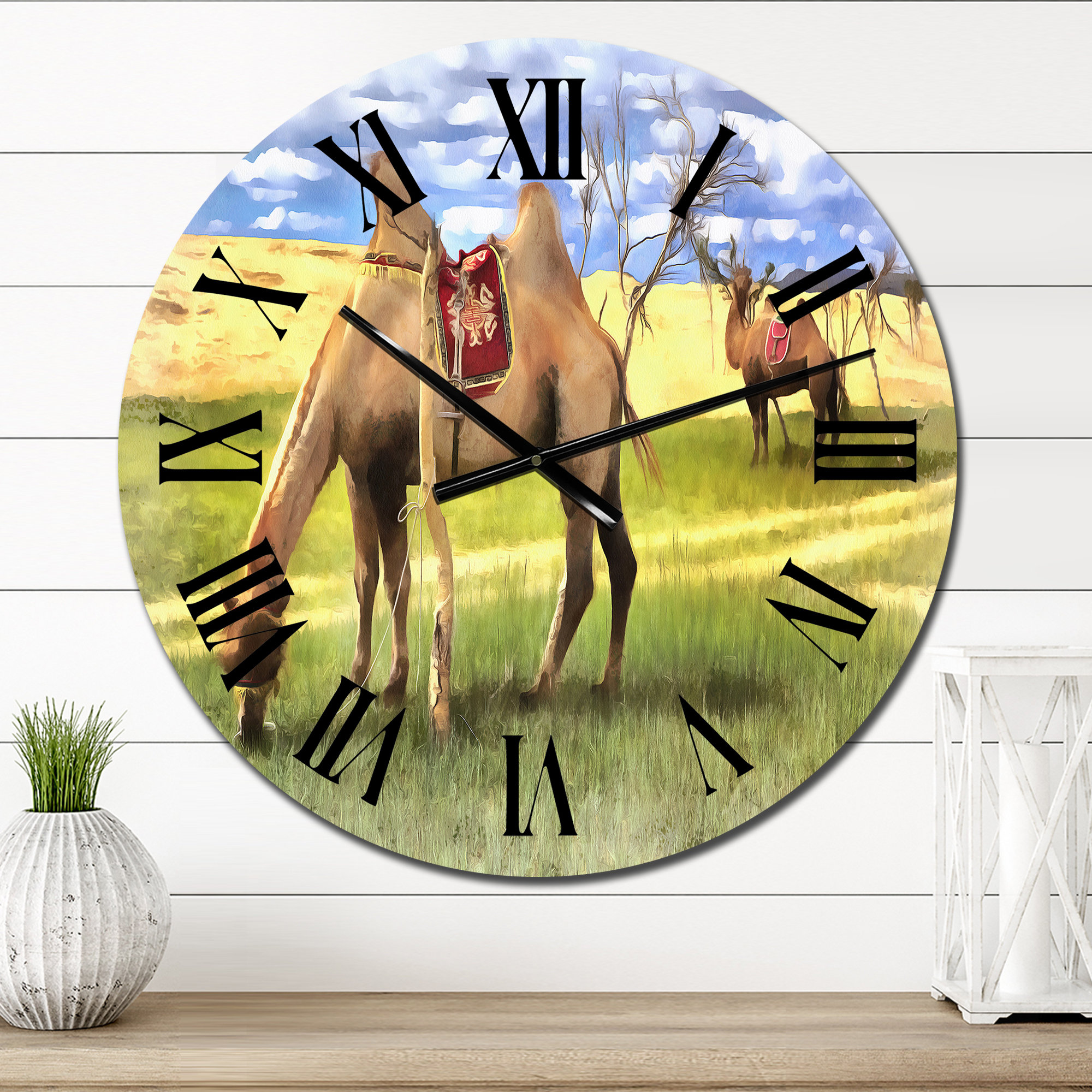 East Urban Home Camels Grazing in The Grass - Country Wall Clock | Wayfair