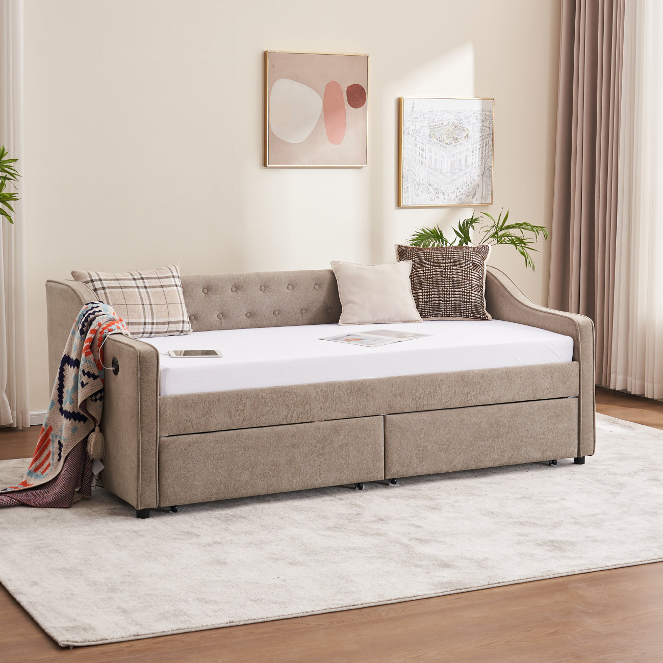 House of Hampton Upholstered Daybed With Storage Drawers, Wood Sofábed Bed Frame With Velvet ...