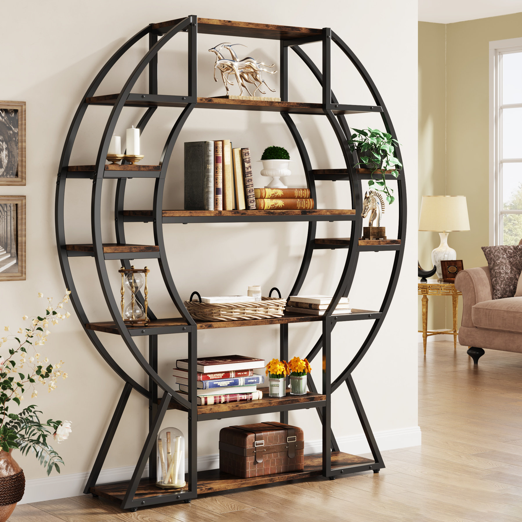 17 Stories Oval Triple Wide Bookshelf, Industrial 6-Tier Etagere ...