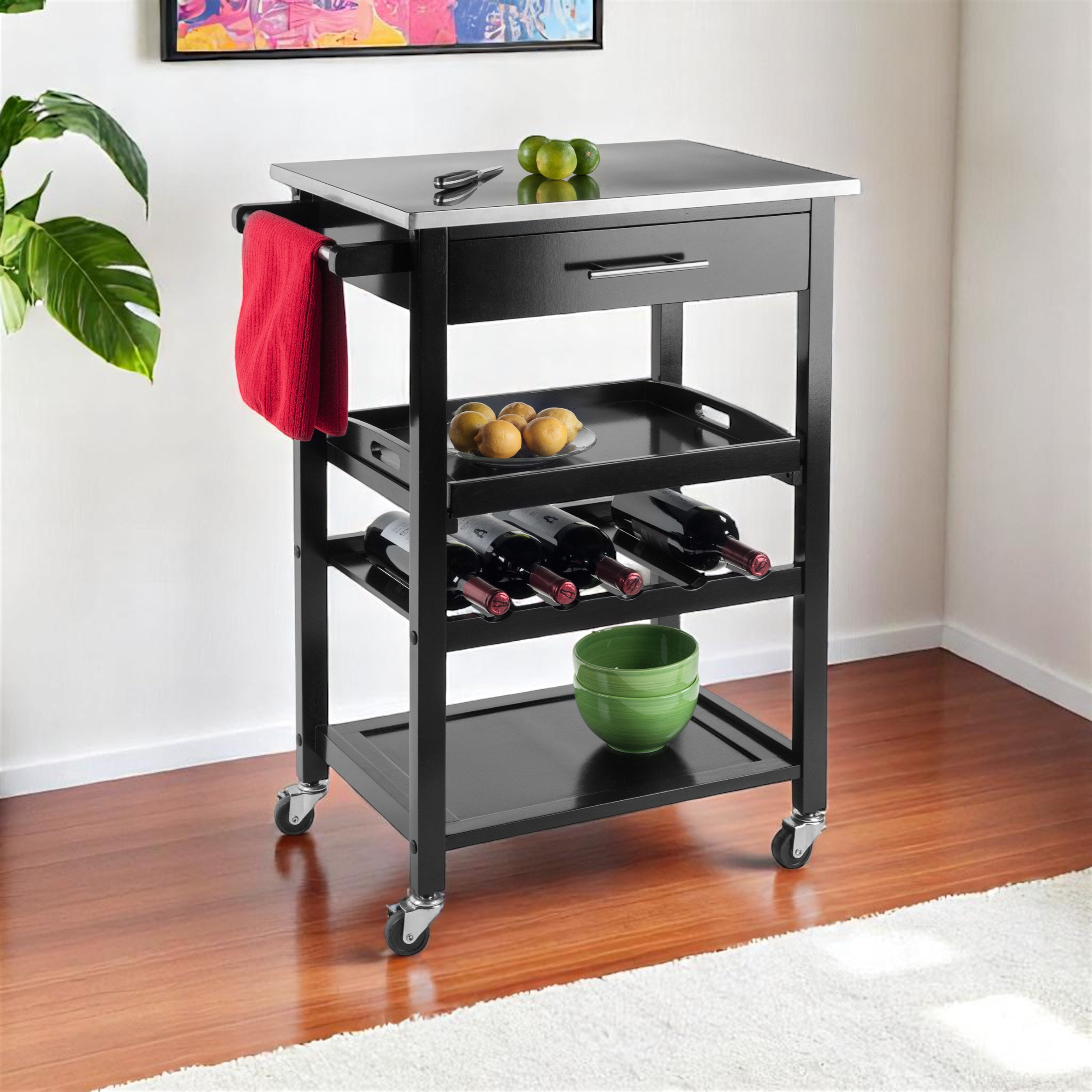Lark Manor™ Black Elias Kitchen Utility Cart with Stainless Steel Top ...