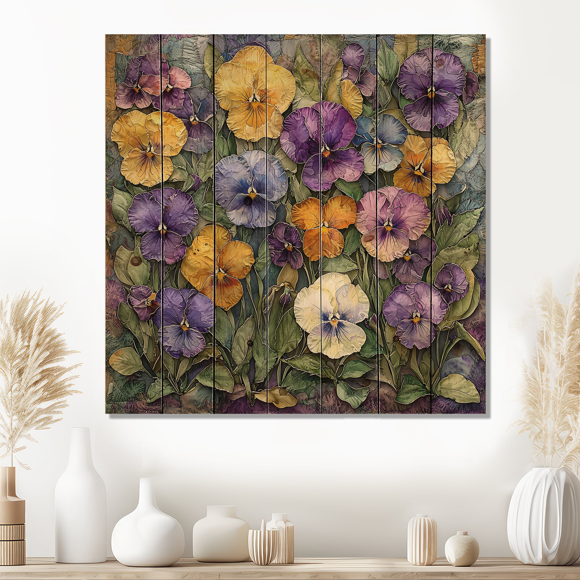 Ophelia & Co. Wild Pansy Patch At The Farm II - Pansies Wood Wall Decor - On Natural Pine Wood ...