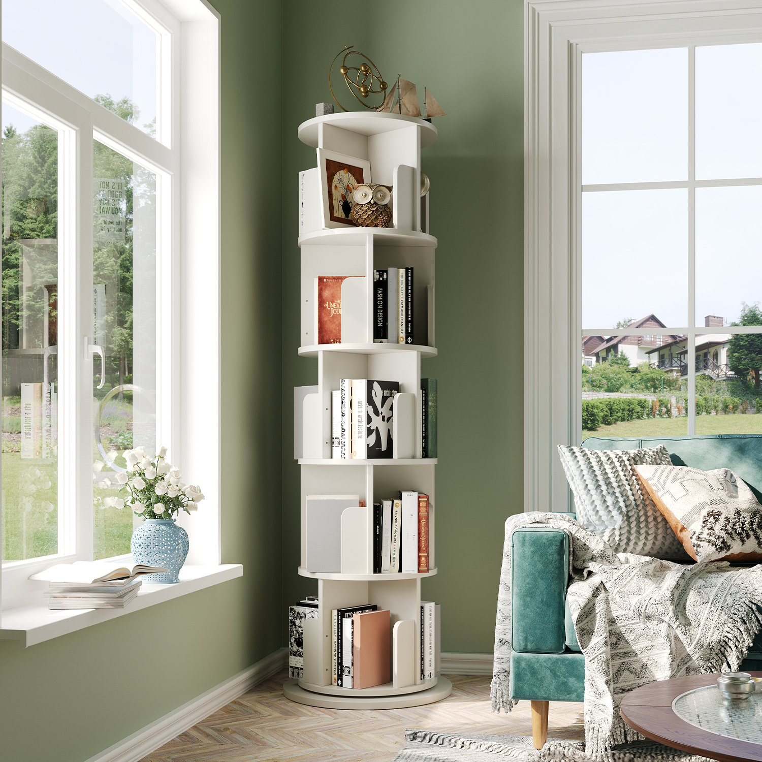 Wrought Studio™ Modern 360° Rotating Bookshelf, Freestanding Corner ...