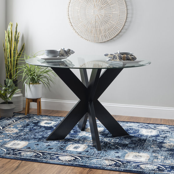 Lark Manor Alejoa 48"Round Glass Top Dining Table With Solid Wood Base ...