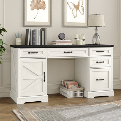 Gracie Oaks 60" Farmhouse Executive Desk with Drawers, Wood Home Office ...