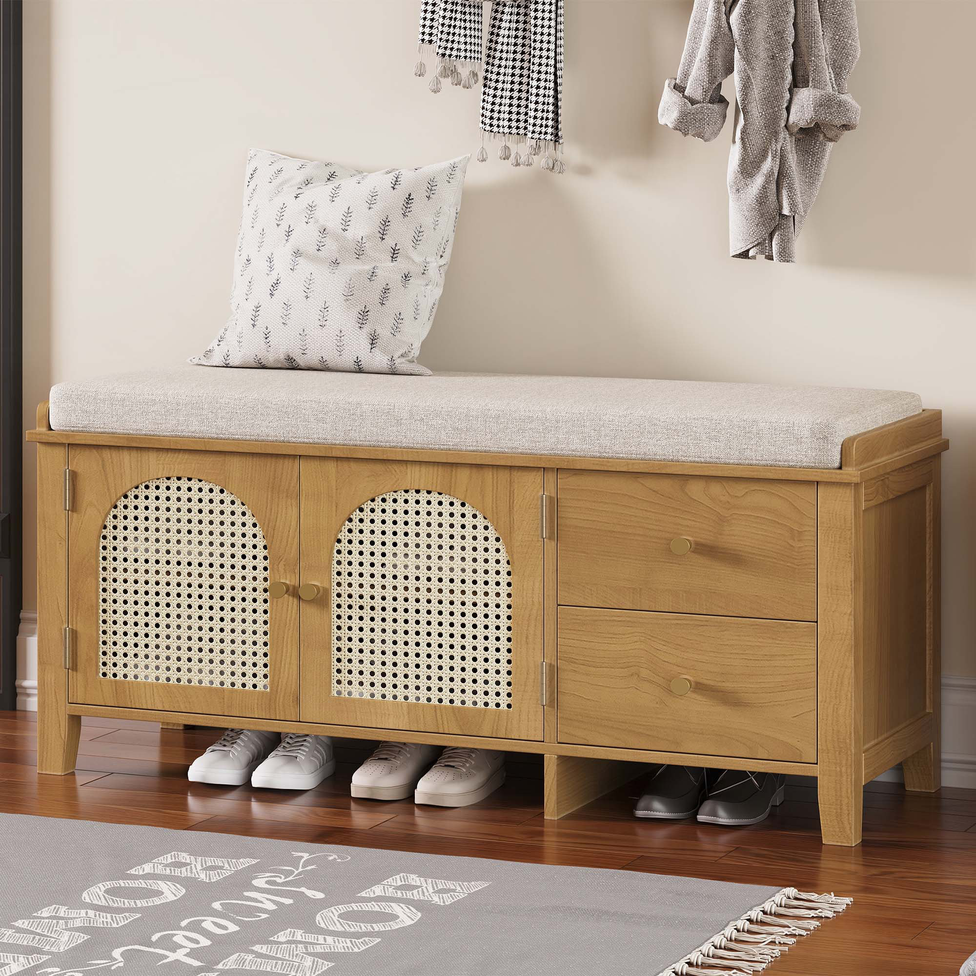 Bay Isle Home™ Storage Bench with 2 Drawers and 2 Rattan Door for ...