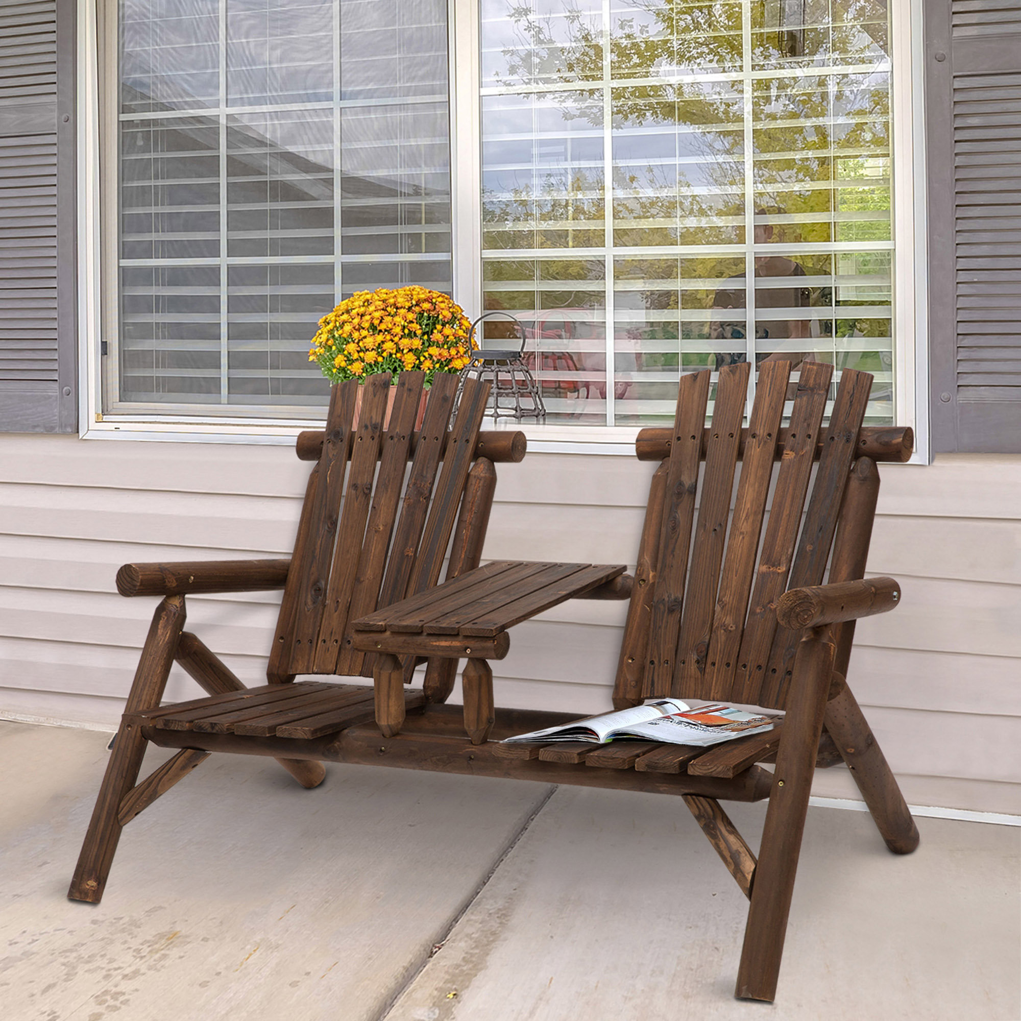 Millwood Pines Delehla 2-Seat Wooden Adirondack Chair Patio Bench with ...