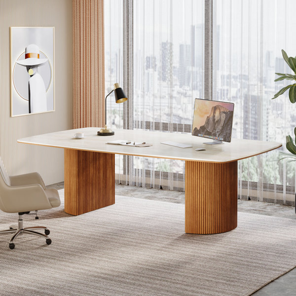 Hokku Designs Travertine Slab Computer Desk With Semi-Circular Base In ...