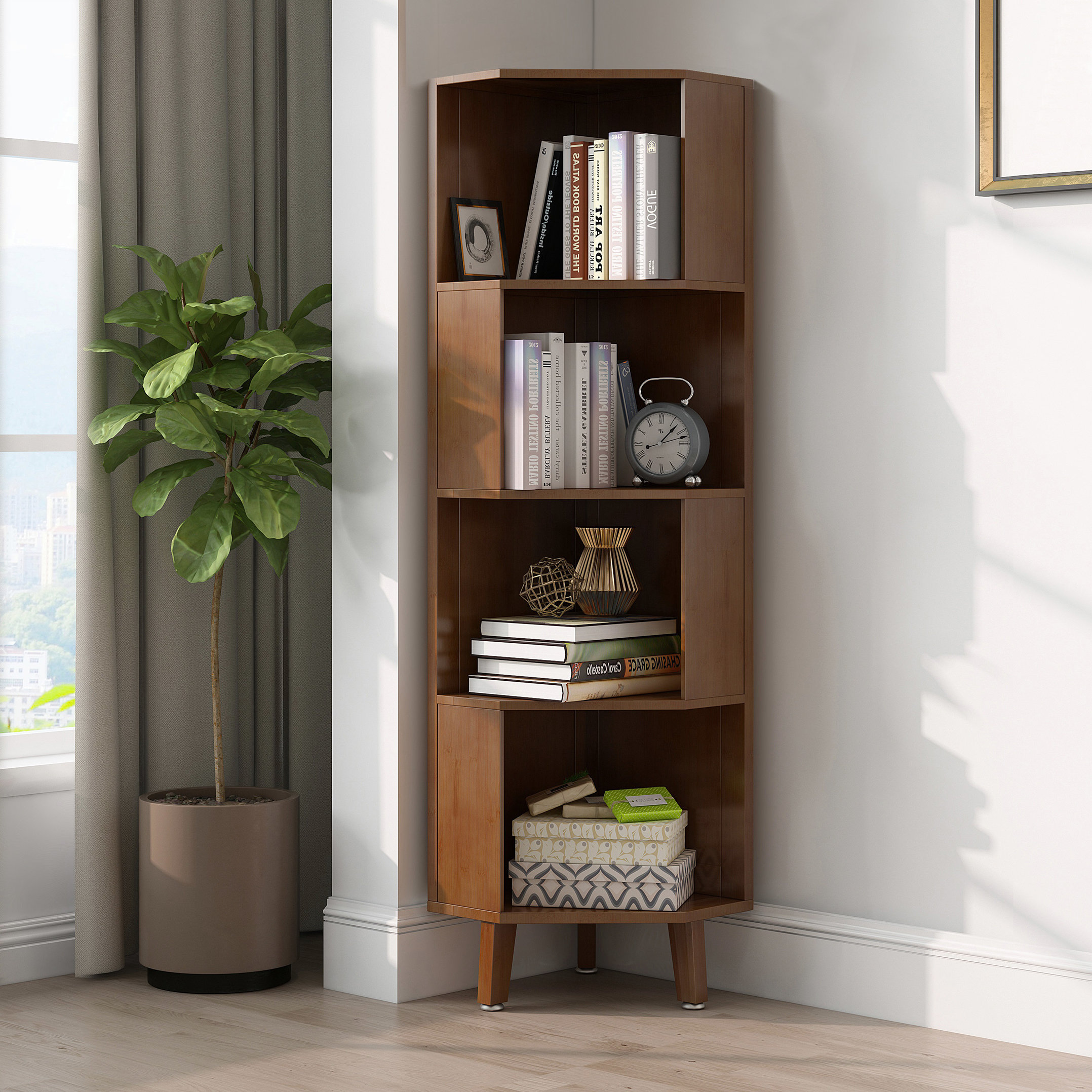 Latitude Run® Cidalina Corner Bookcase Bookshelf Storage Cabinet Bamboo ...