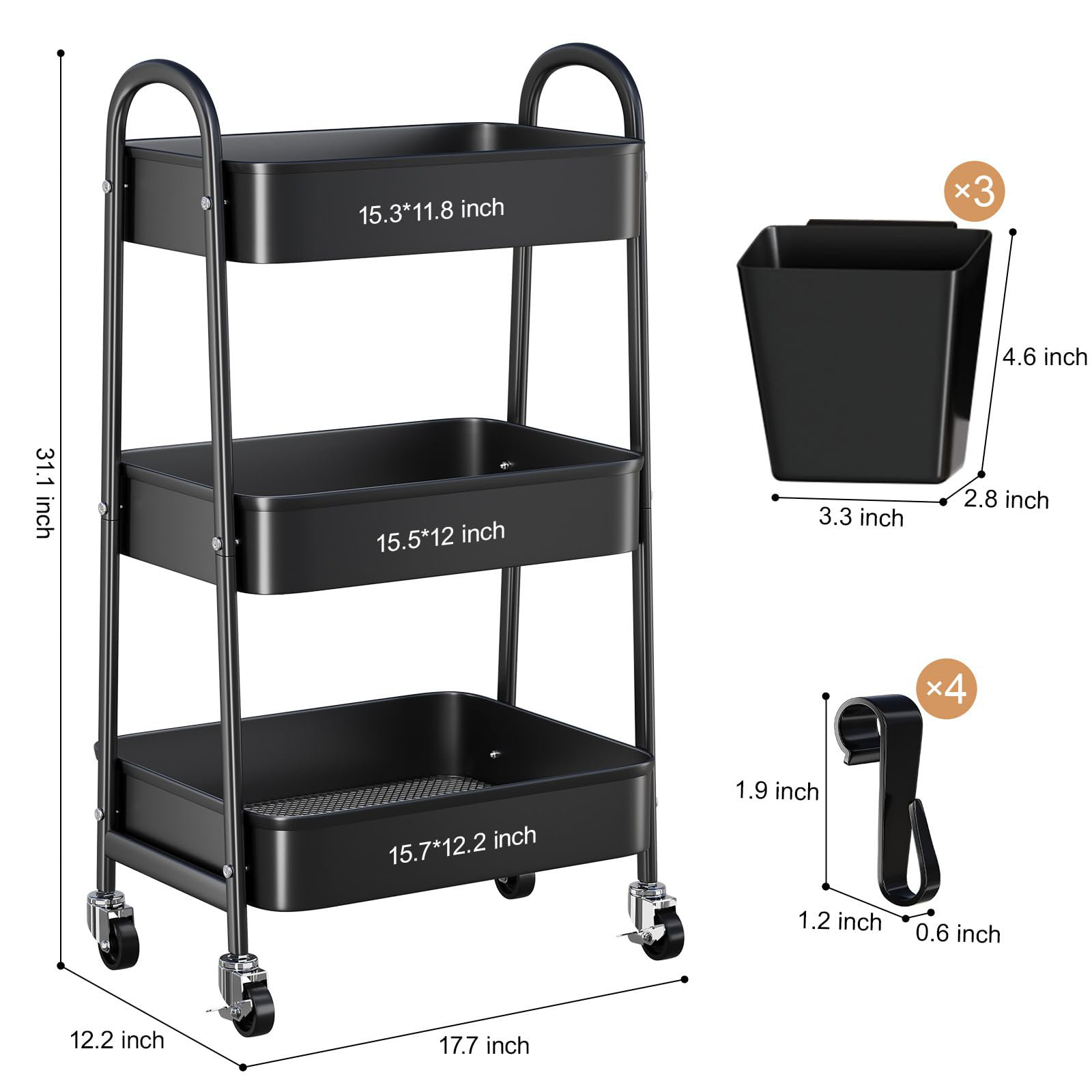 Rebrilliant 3 Tier Black Metal Rolling Cart With Lockable Wheels And ...