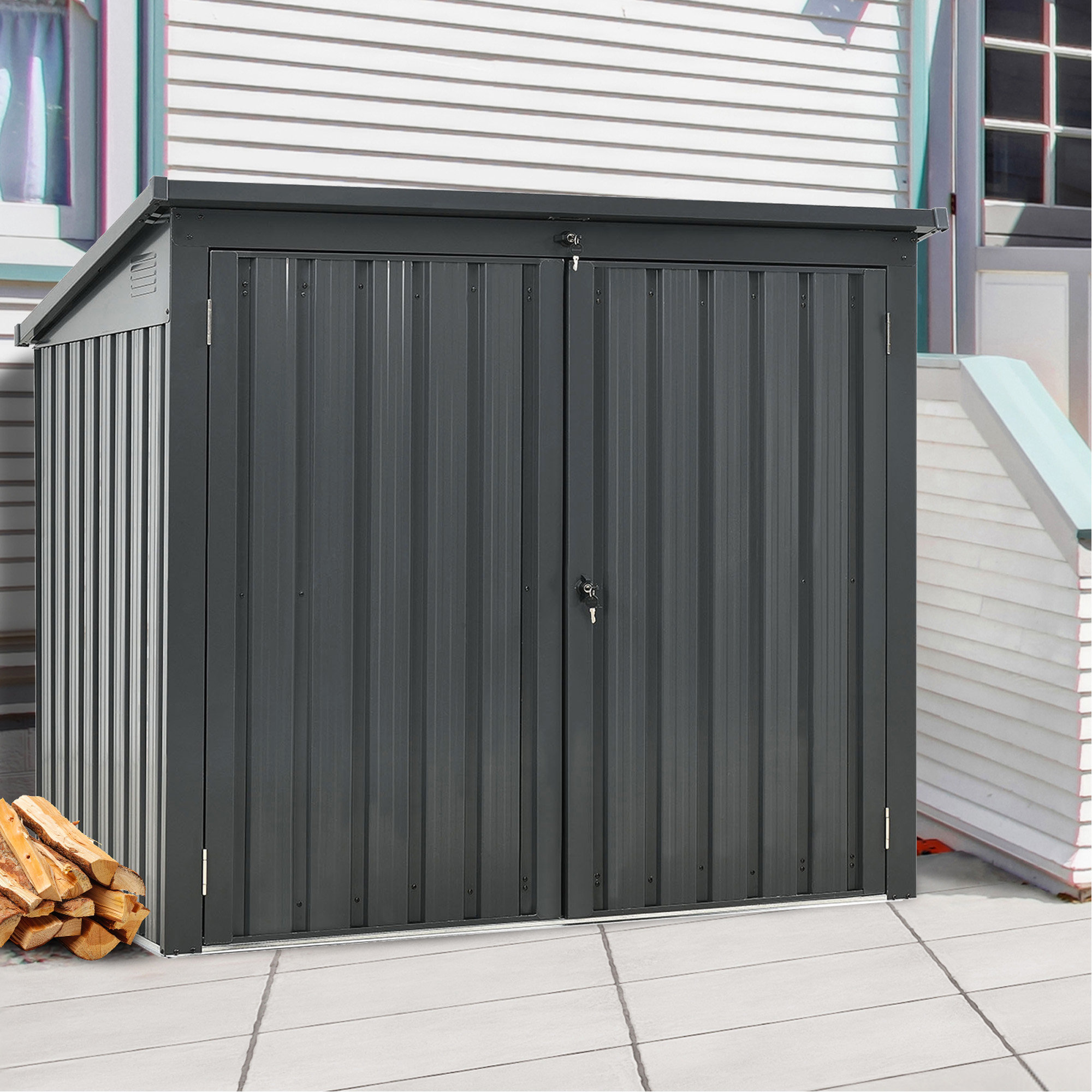 TYUNABRN Garbage Bin Shed Stores 2 Trash Cans Metal Outdoor Bin Shed ...