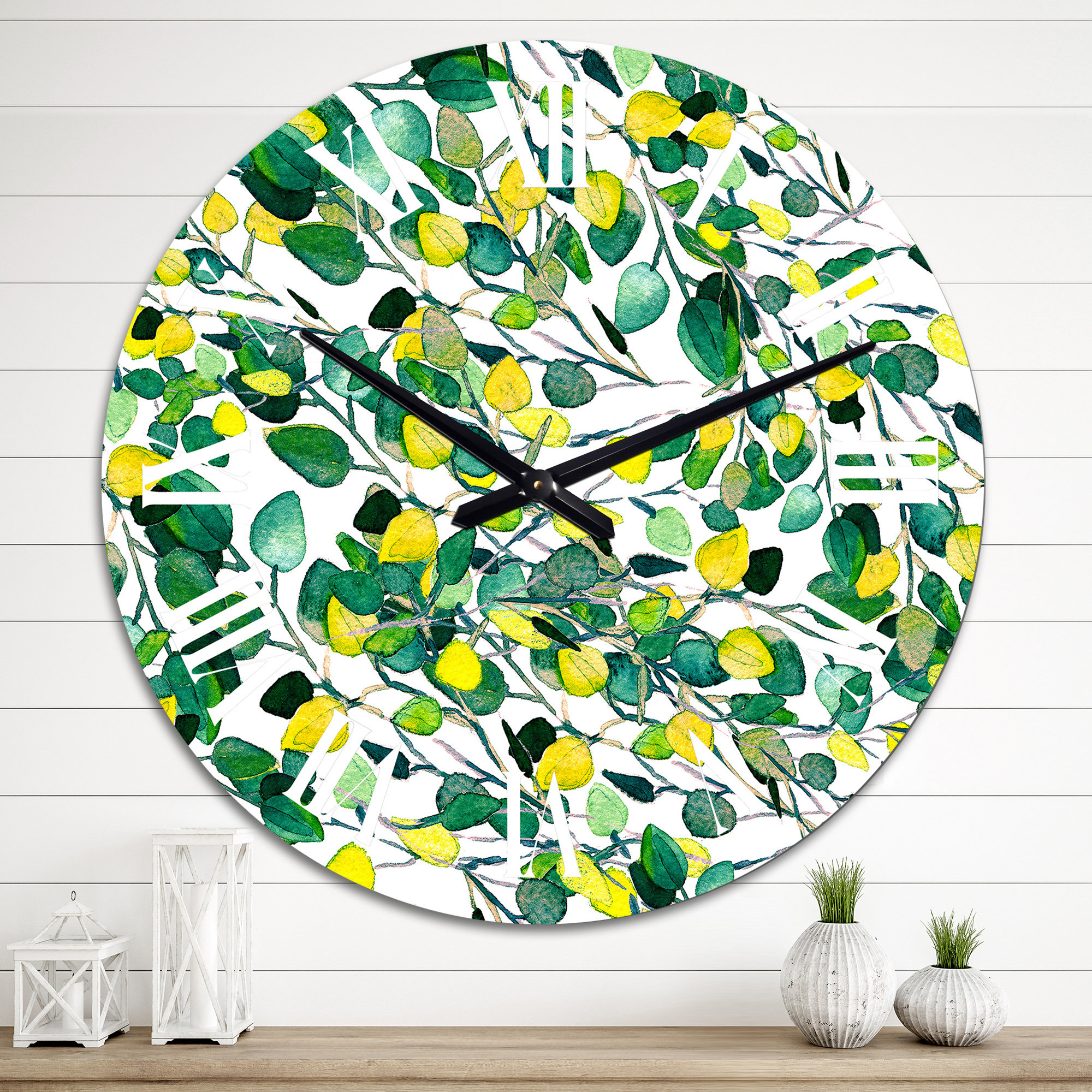 East Urban Home Eucalyptus Yellow And Greenery - Patterned Wall Clock ...