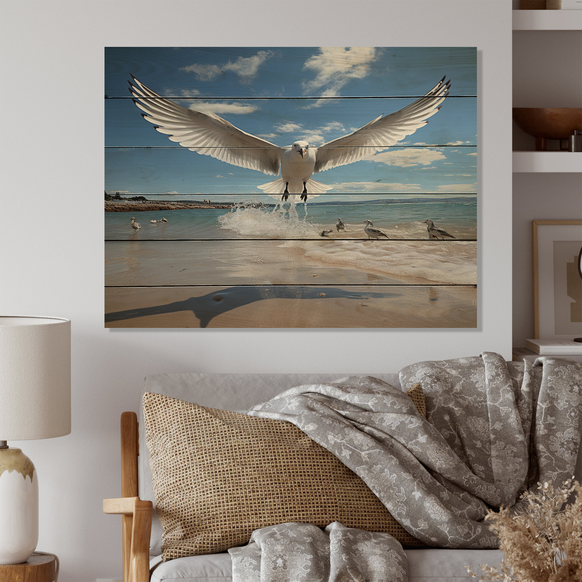 Dovecove Tafolla Blue Seagulls In Flight At Beach On Wood Print ...