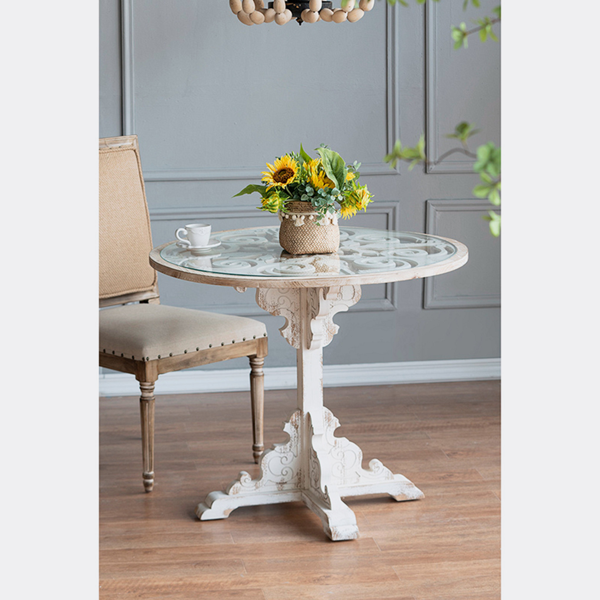 Ophelia & Co. Round Wooden Carved Table, Distressed White Finish Design ...