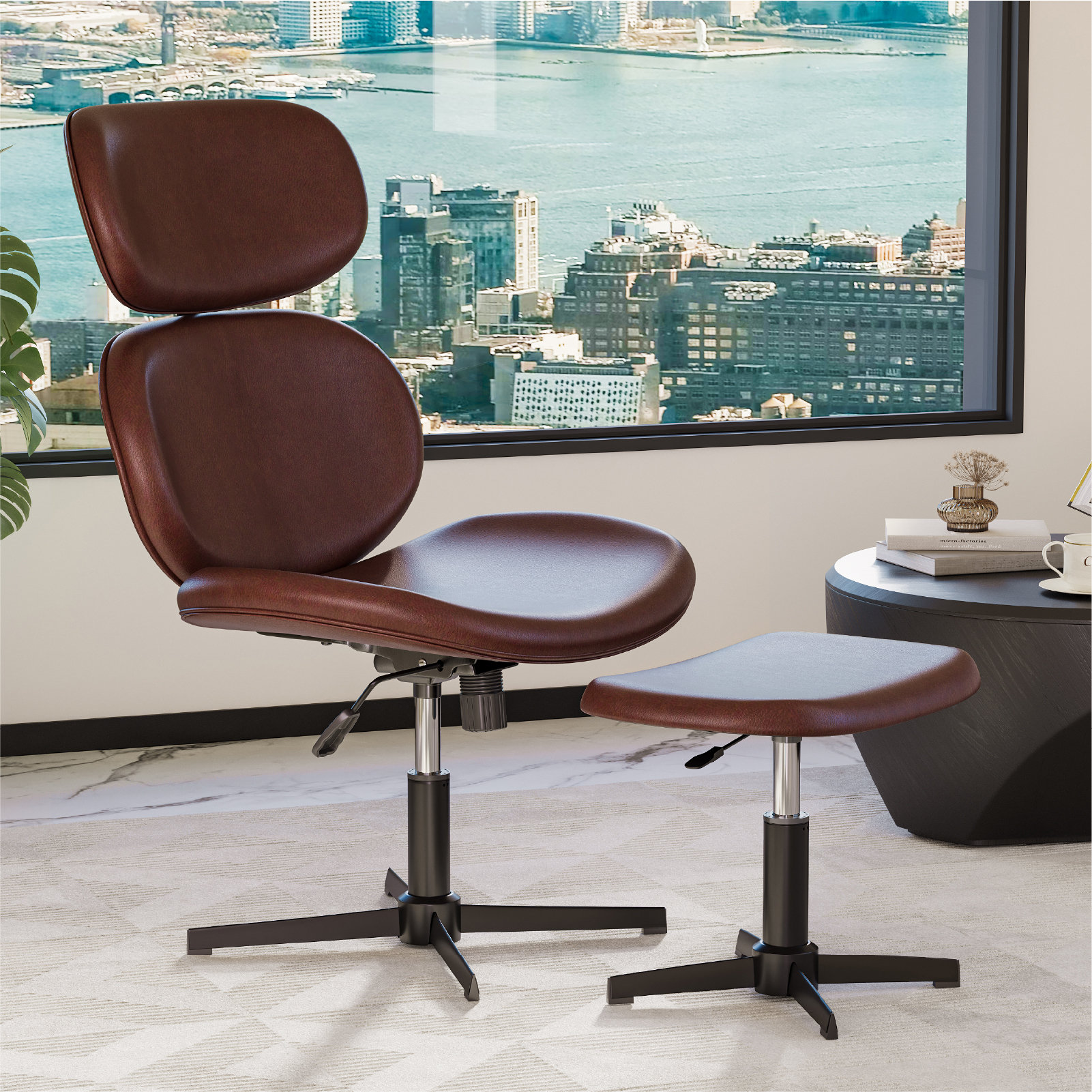 Ivy Bronx 2 Set Swivel Office Chairs With Ottoman,PU Desk Chair With ...