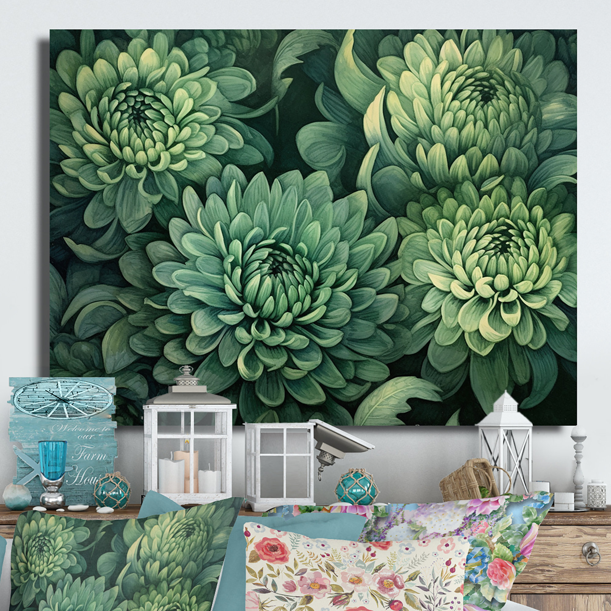 Bungalow Rose Green Mums in Bloom - Floral Metal Wall Art Living Room ...