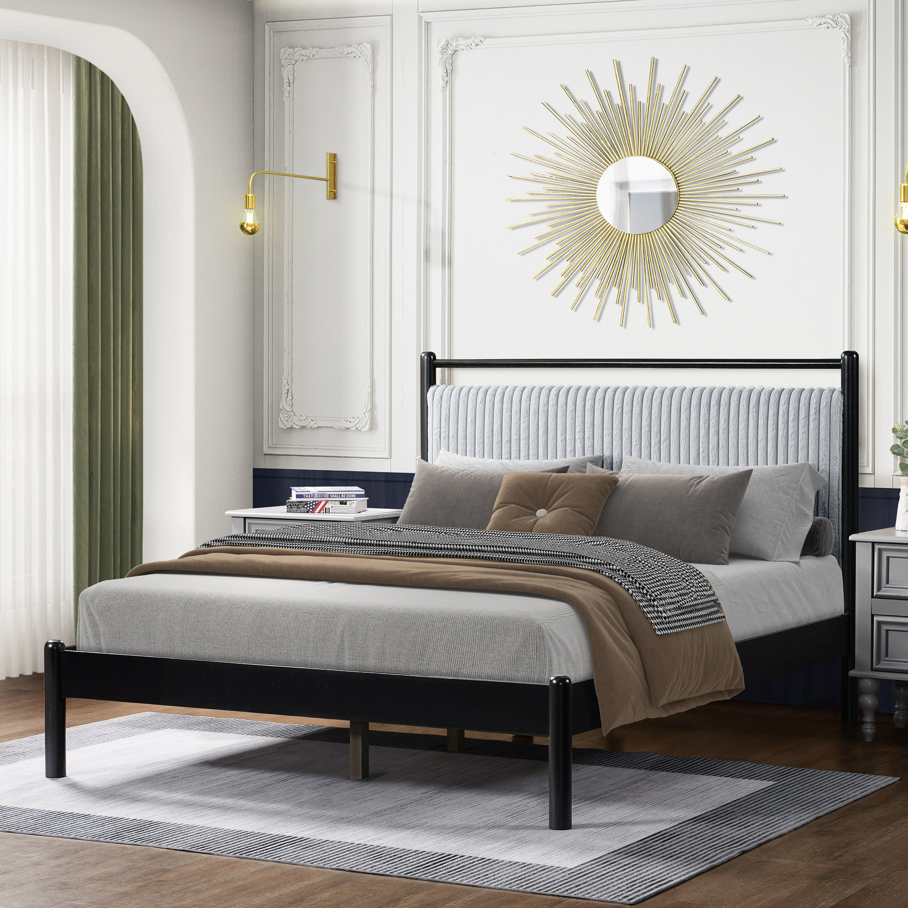 Latitude Run® Full Size Wood Bed Frame With Fluffy Soft Headboard, Grey ...