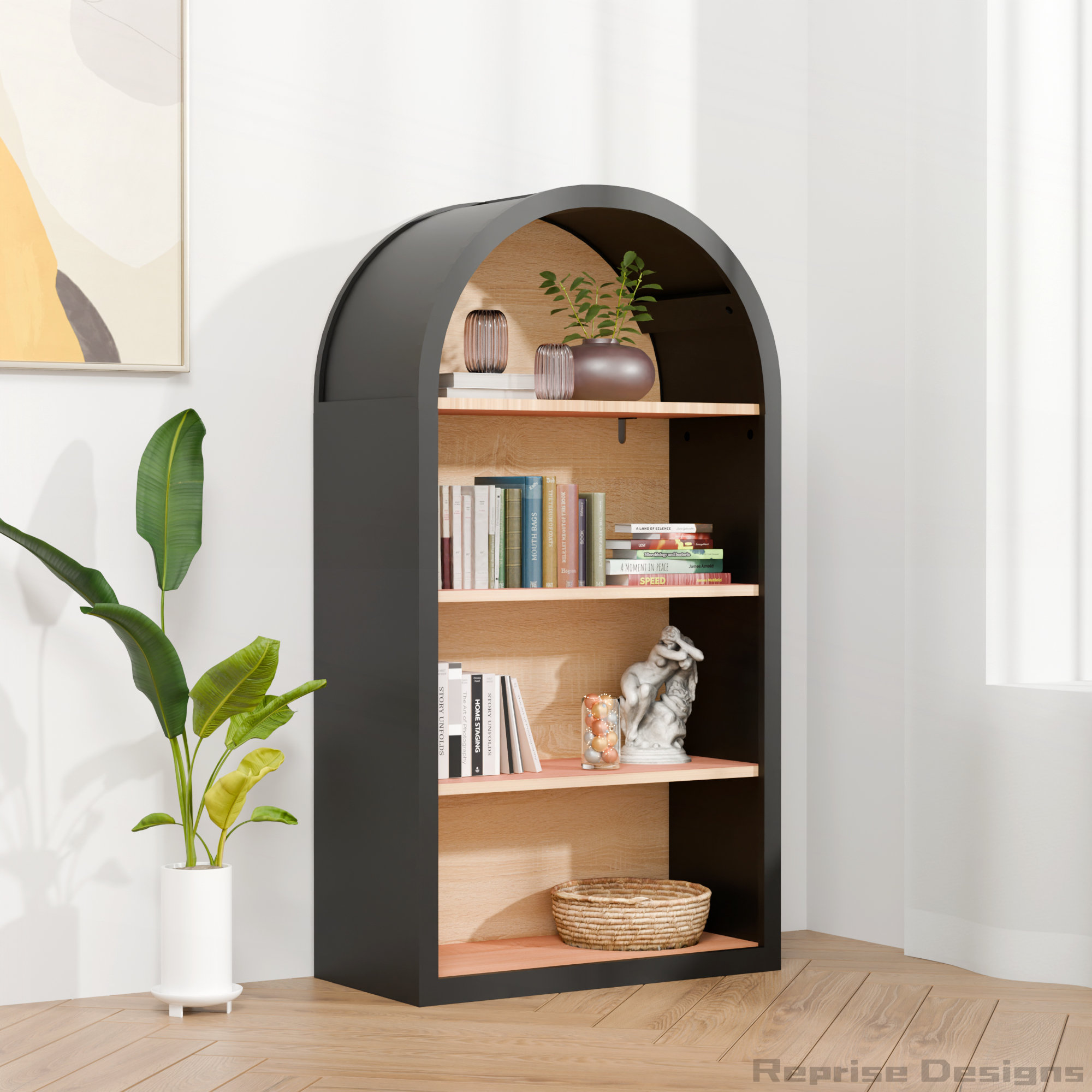 Reprise Designs 4-Tier Black Arched Bookcase with Storage Shelves ...