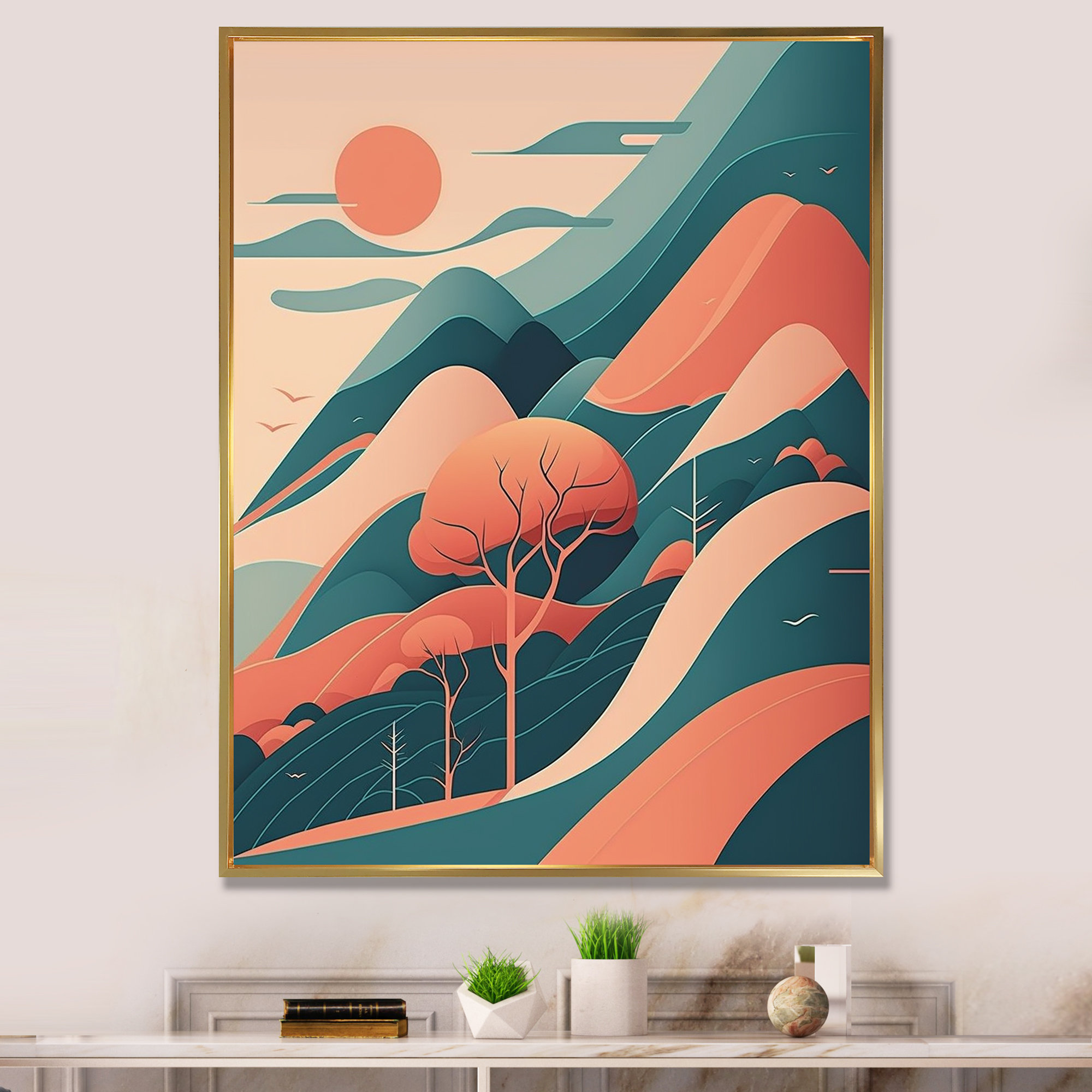 Millwood Pines Graphic Retro Full Moon Mountainscape - Print on Canvas ...