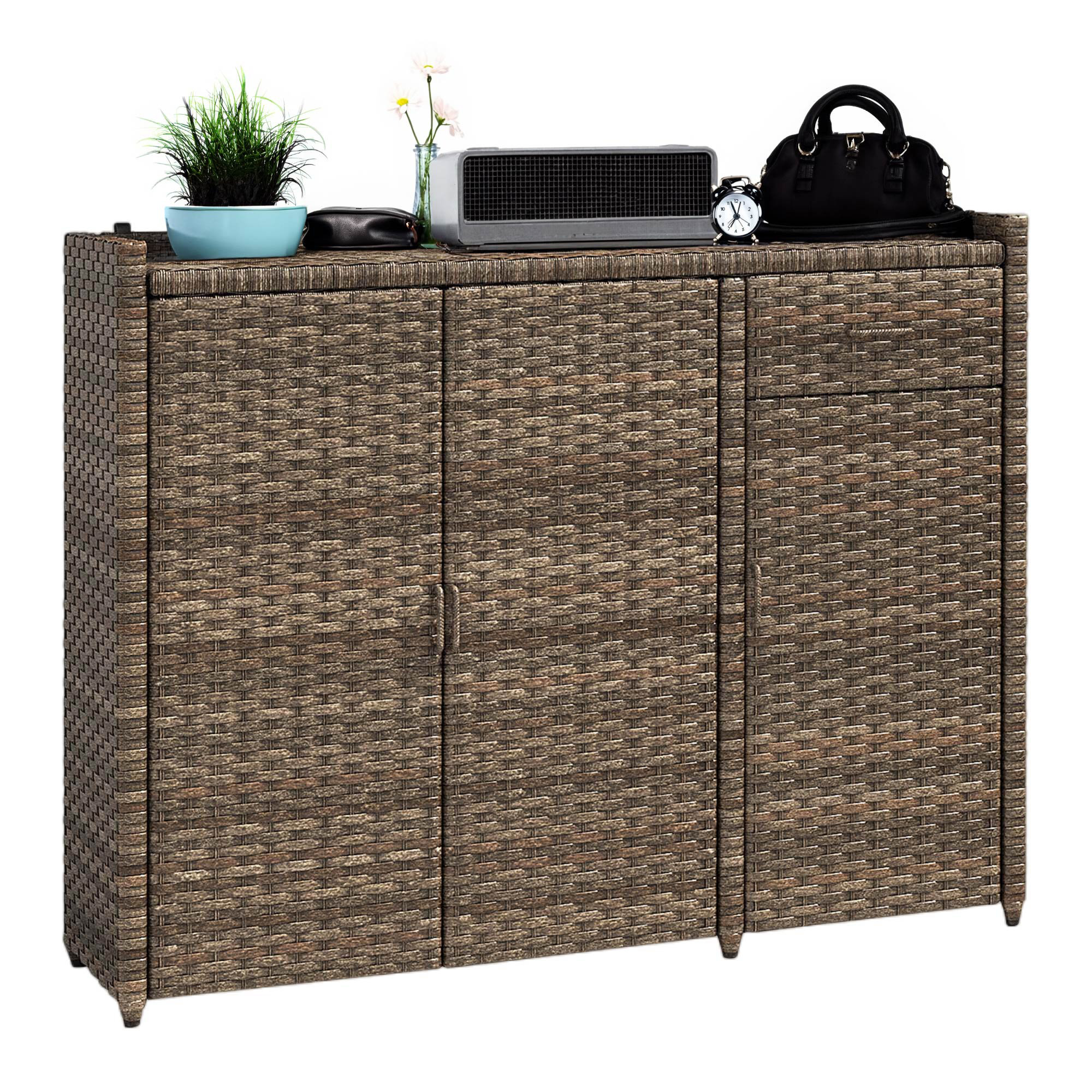 Dovecove Brown Wicker Patio Storage Cabinet with 2 Doors, Foldable ...