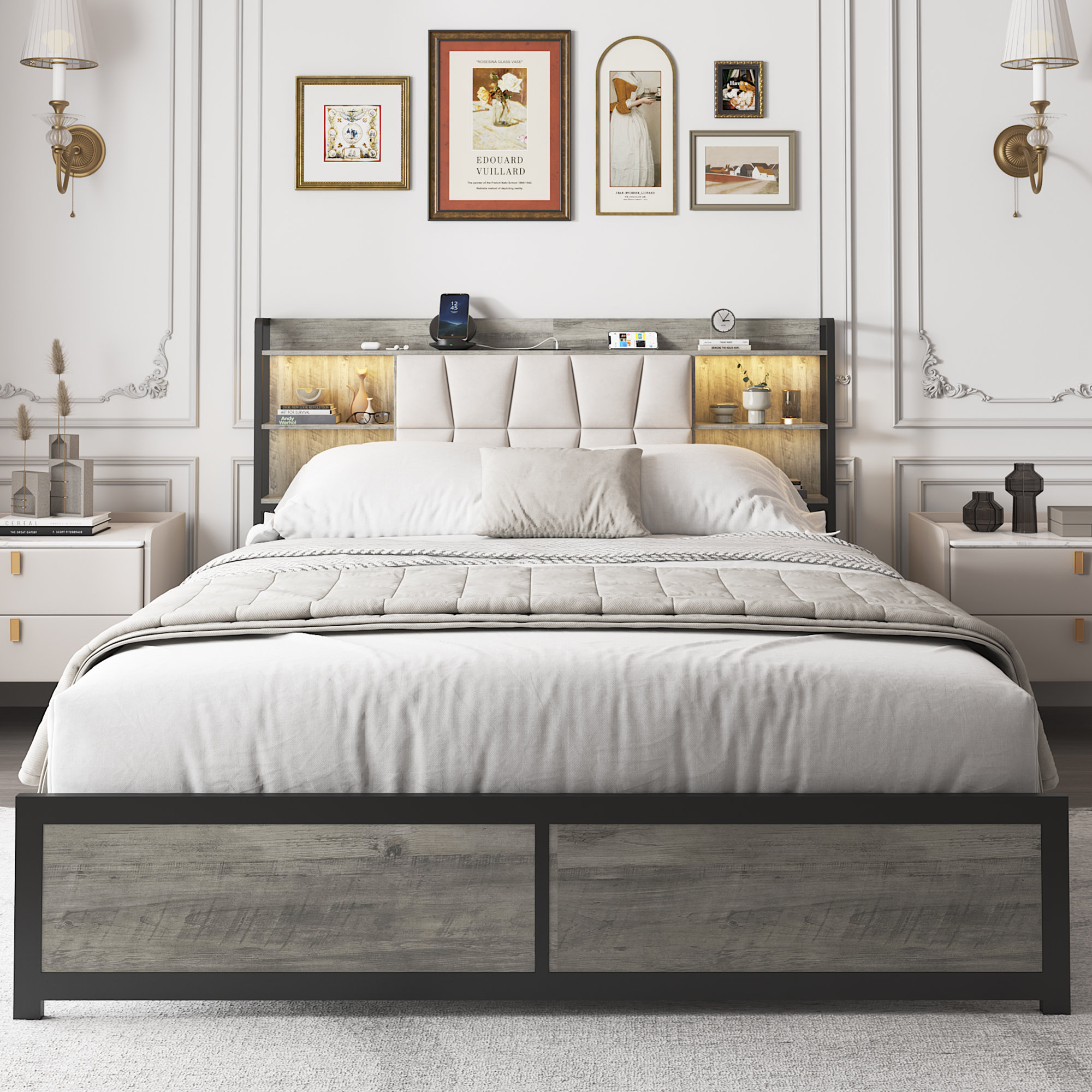 Wrought Studio™ Bed Frame with LED Light, Platform Bed with Upholstered ...