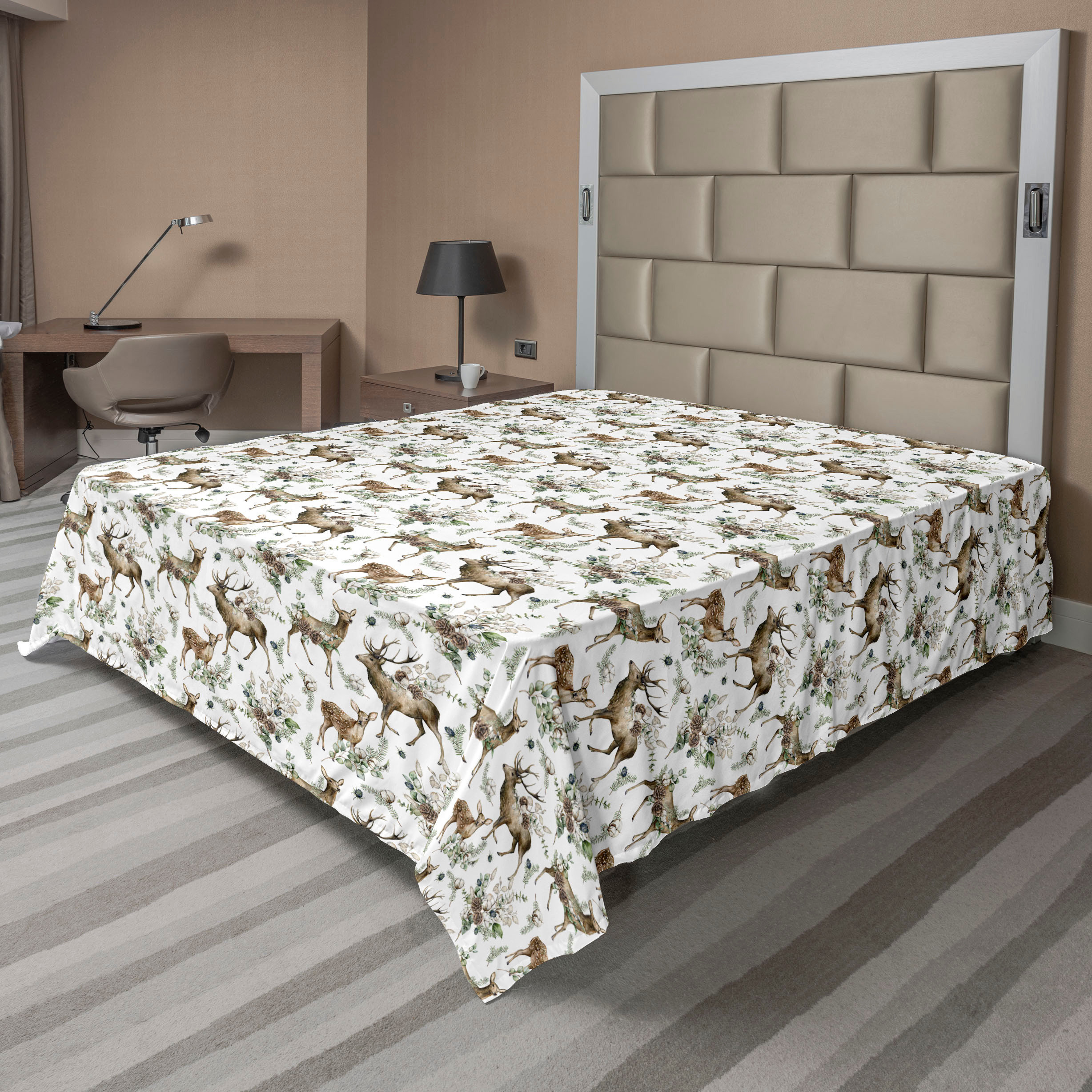 Ambesonne Woods Flat Sheet Antler Reindeer Floral Spring Brown Laurel ...