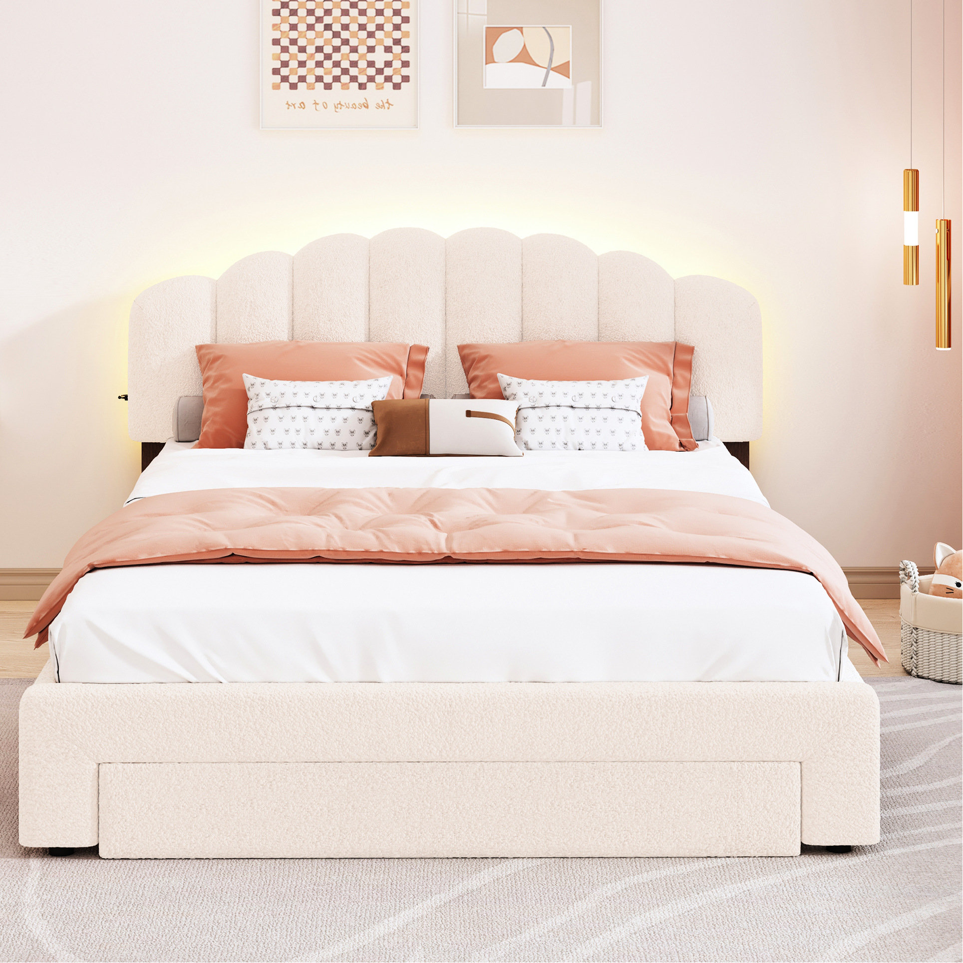 Latitude Run® Queen Sized Upholstered Platform Bed With Drawer, Remote ...