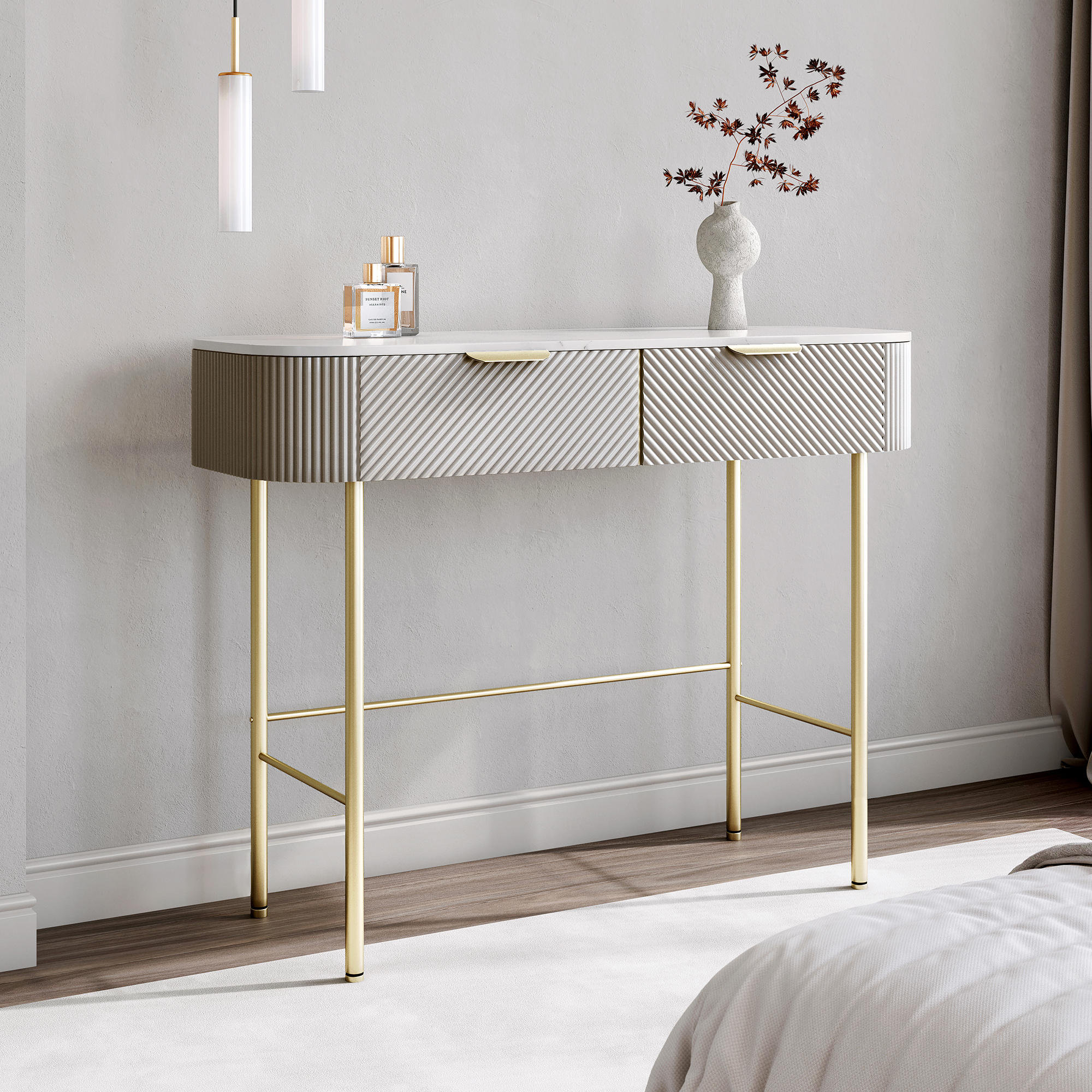 Canora Grey Imogen Mocha Dressing Table - Drawers with ribbed front ...