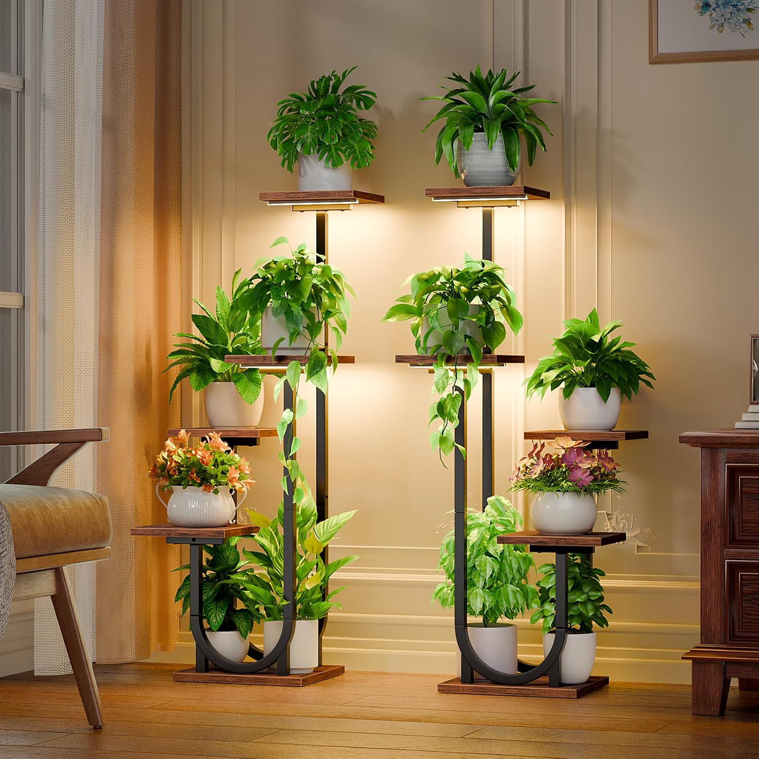 17 Stories 2 Pack Indoor Plant Stand With Grow Lights, 5 Tier Metal ...