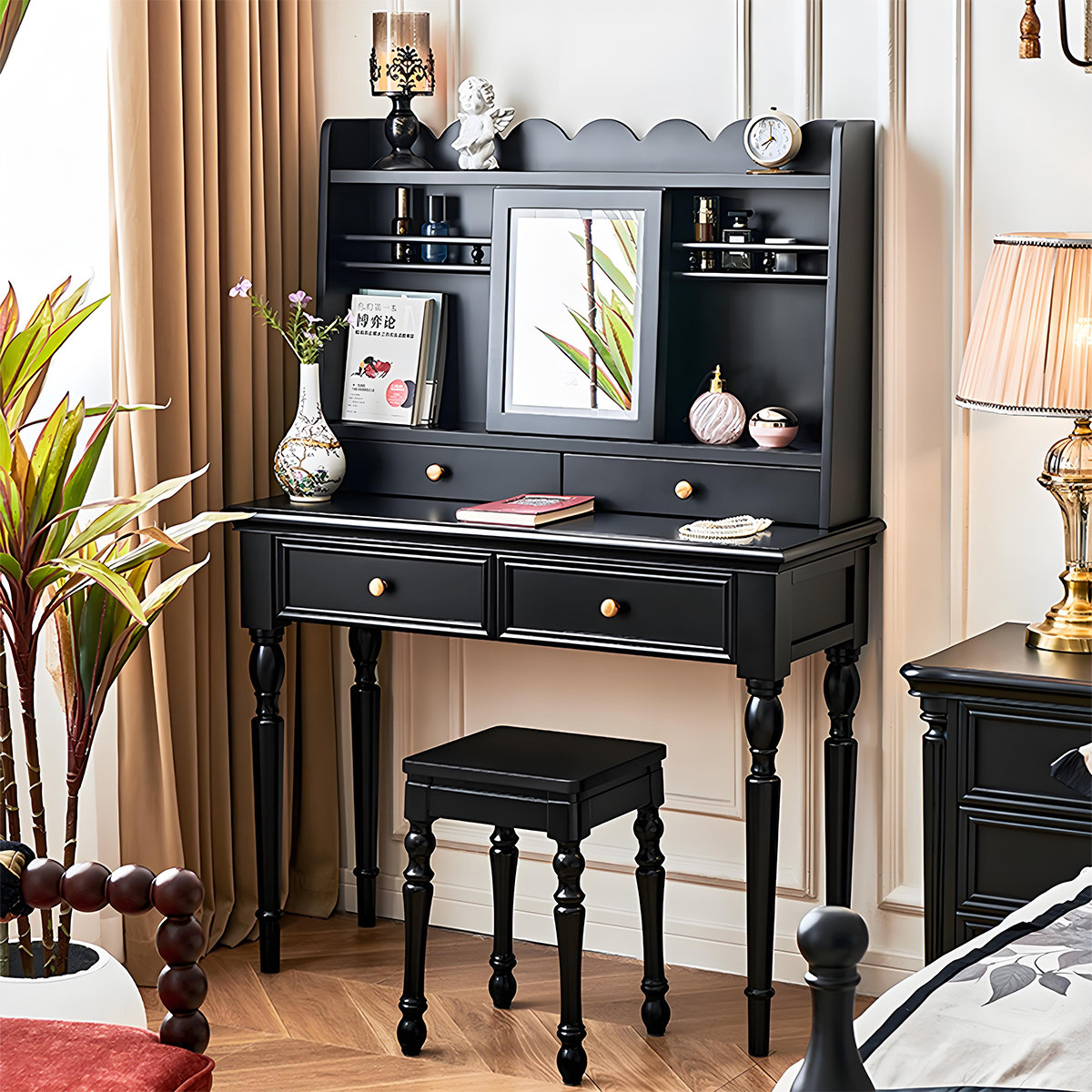 Hokku Designs Modern Solid Wood Makeup Table with Black | Wayfair