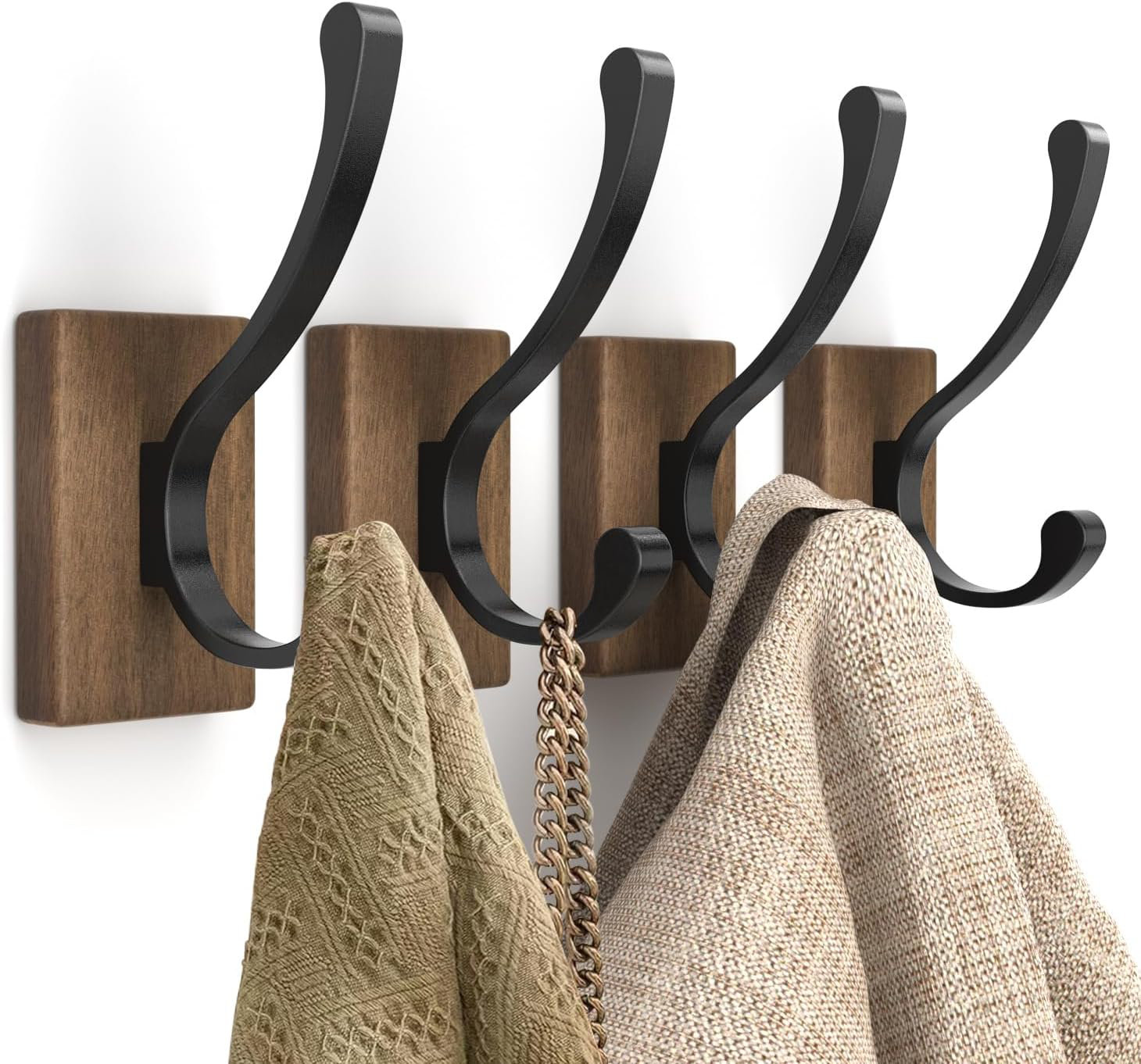 Rebrilliant Rustic Wood Wall Hook Rack, 4 Solid Wooden Farmhouse Hooks ...