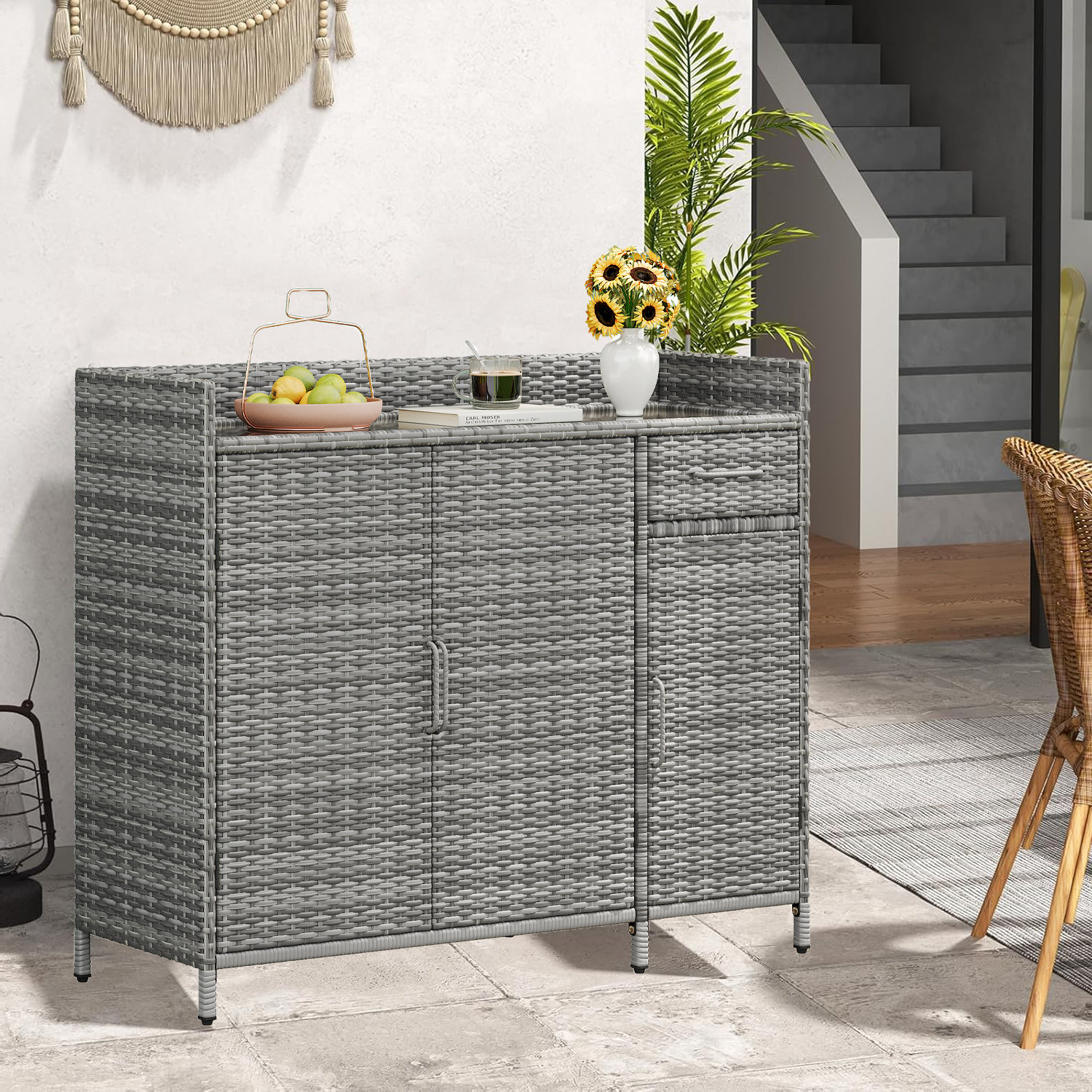 Latitude Run® Outdoor Rattan Storage Cabinet, 2-Door Wicker Sideboard ...