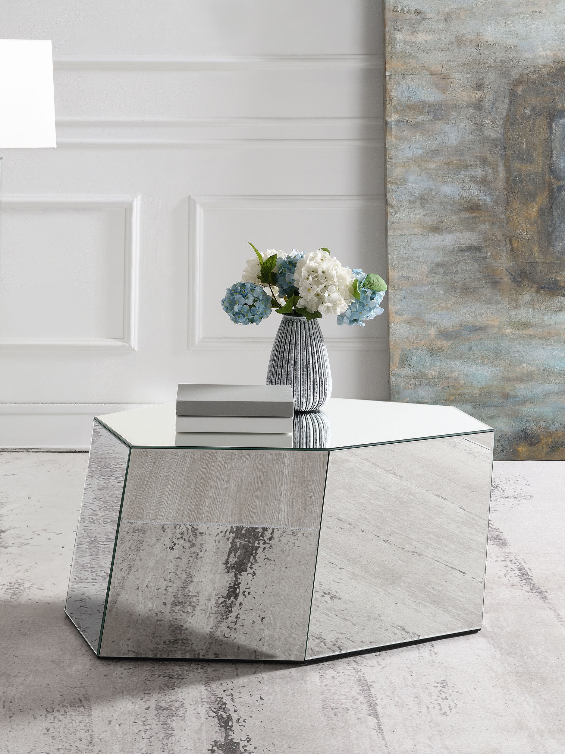 Ivy Bronx Naohiro Mirrored Abstract Geometric Coffee Table Silver | Wayfair