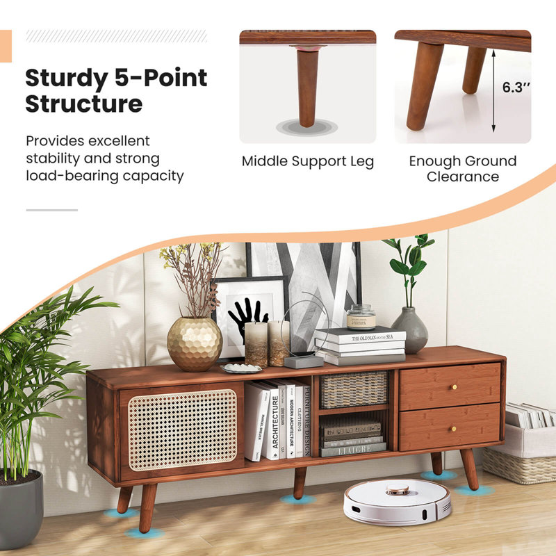 George Oliver Bamboo Tv Stand Console Table With Pe Rattan Door & 2 ...