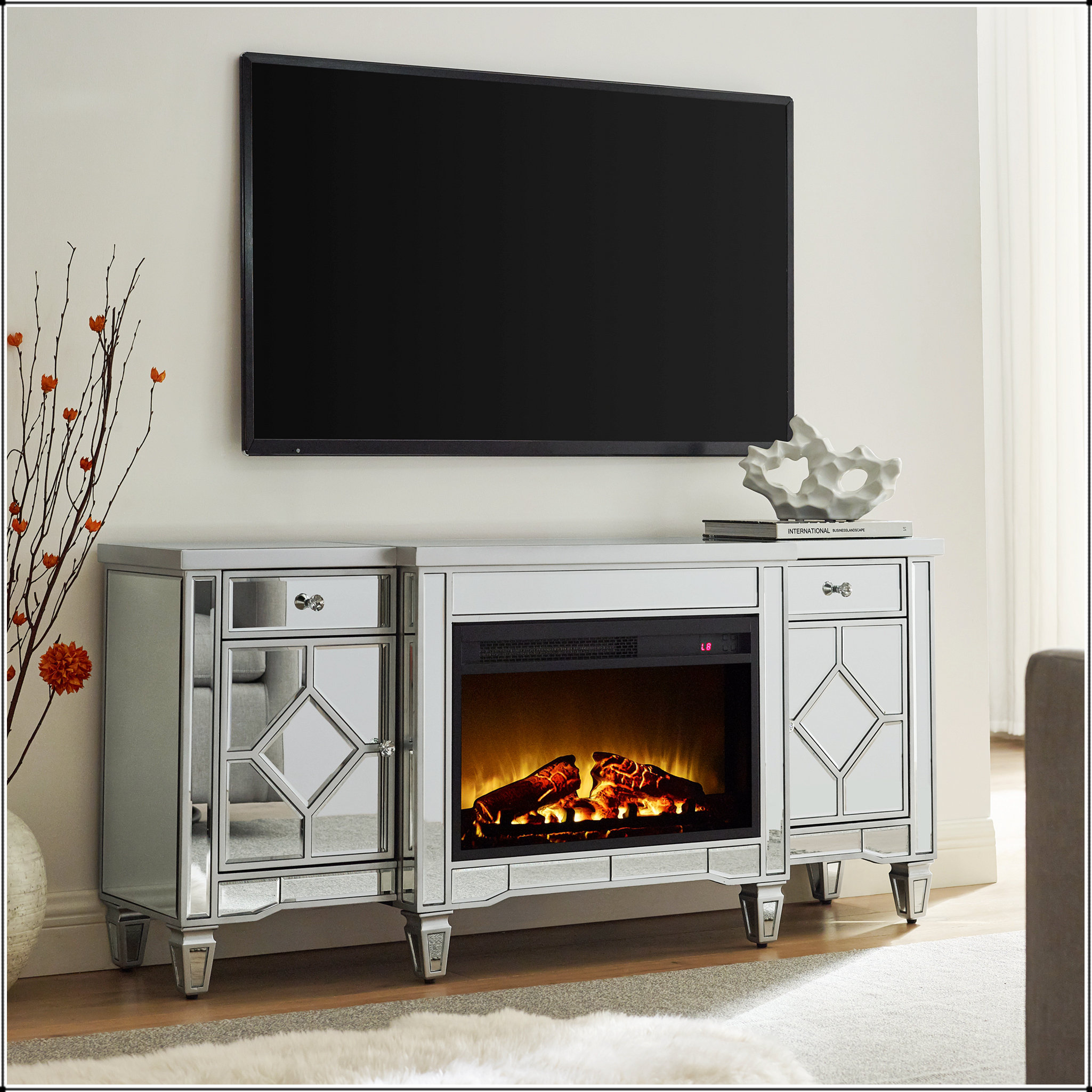 Everly Quinn TV Stand, Flash silver combination TV fireplace cabinet ...