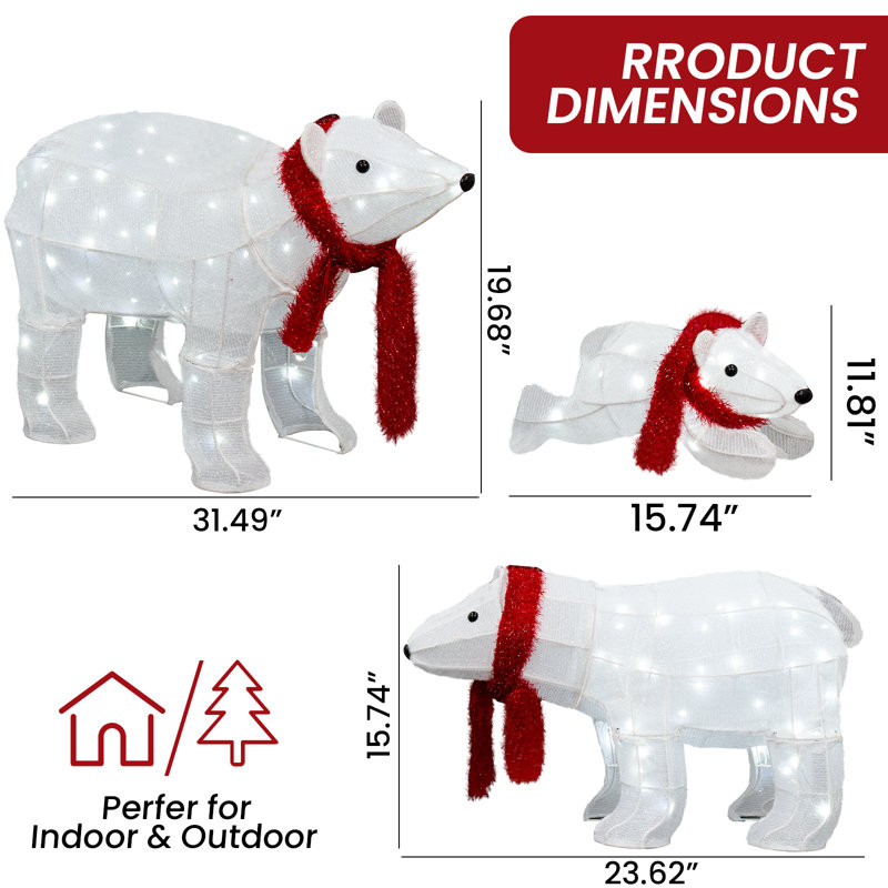 The Holiday Aisle® 3-Piece Indoor and Outdoor Lighted Polar Bear Family ...