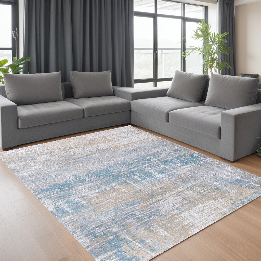 HomeRoots 7' X 9' Blue and Yellow Abstract Non Skid Area Rug - Wayfair ...