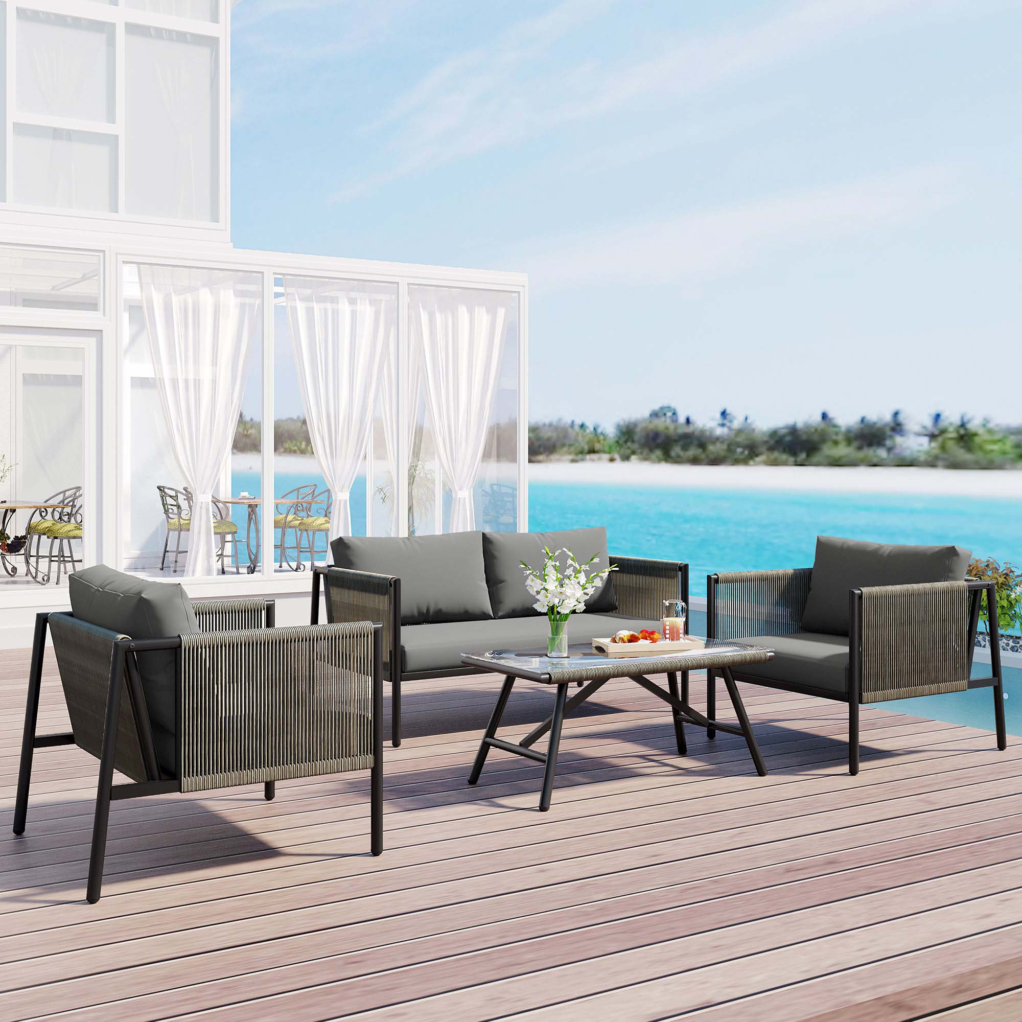 Corrigan Studio® 4-Piece Rope Sofa Set With Thick Cushions And ...