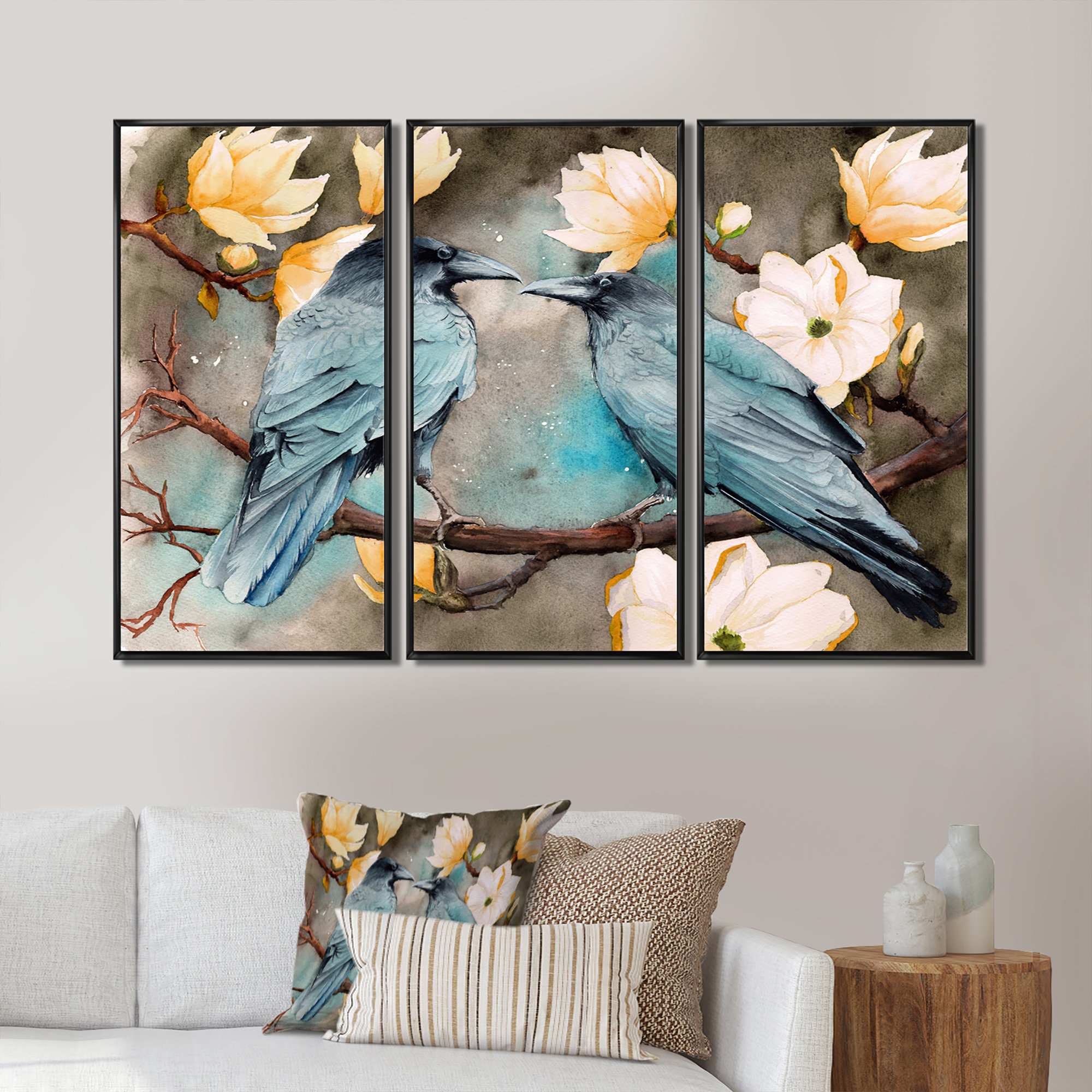 Red Barrel Studio® Two Ravens On The Magnolia Branches With Flowers ...